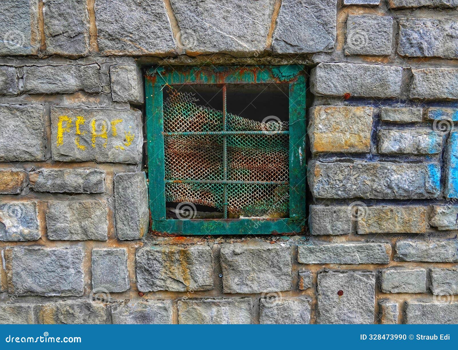 Old Grid Rusted Windows and a Solid Wall Stock Photo - Image of green ...