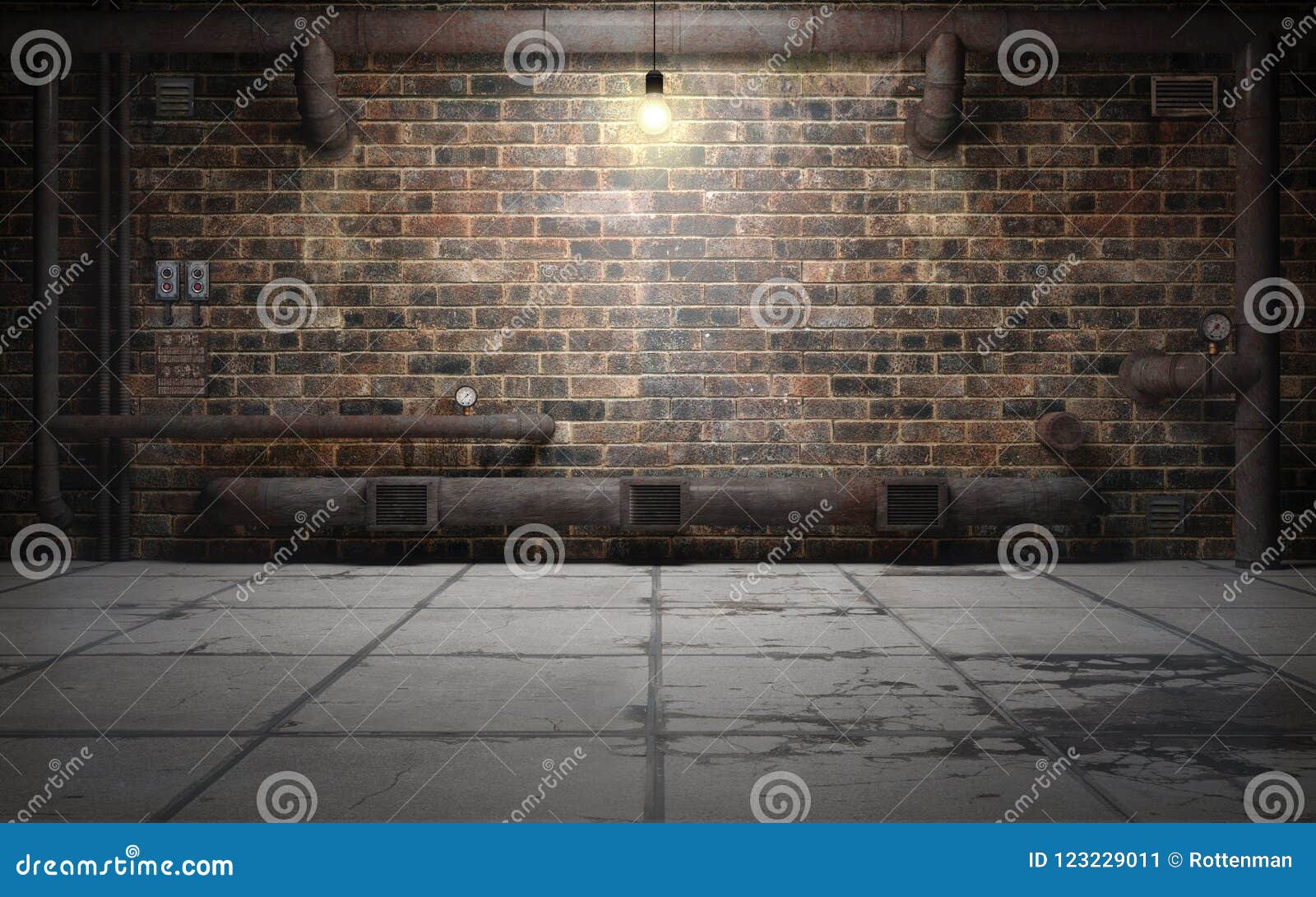 Old Grunge Basement Room With Rust Pipes. 3d Rendering Royalty-Free ...