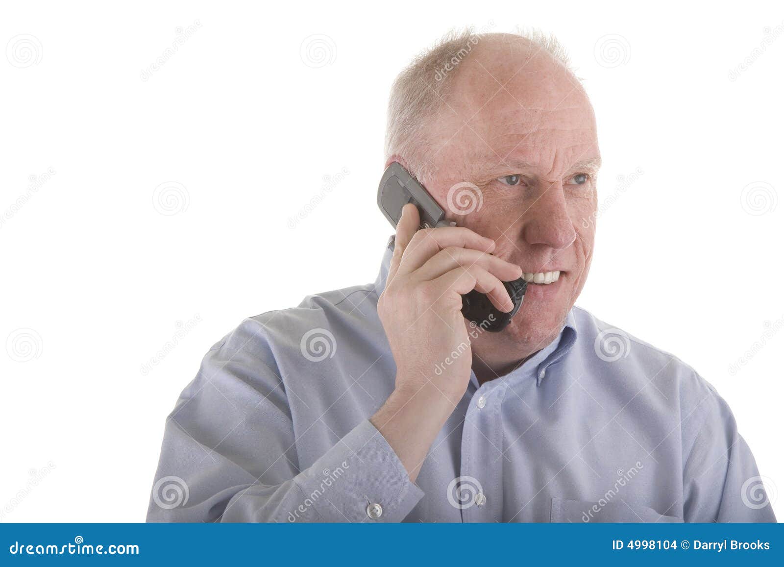 Old Guy in Blue Shirt on Cell Phone Stock Photo - Image of balding ...