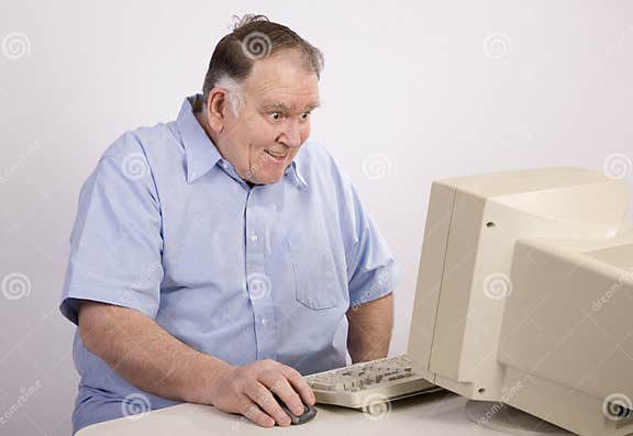 Old Guy at Computer Grinning Stock Image - Image of grandfather, mature ...