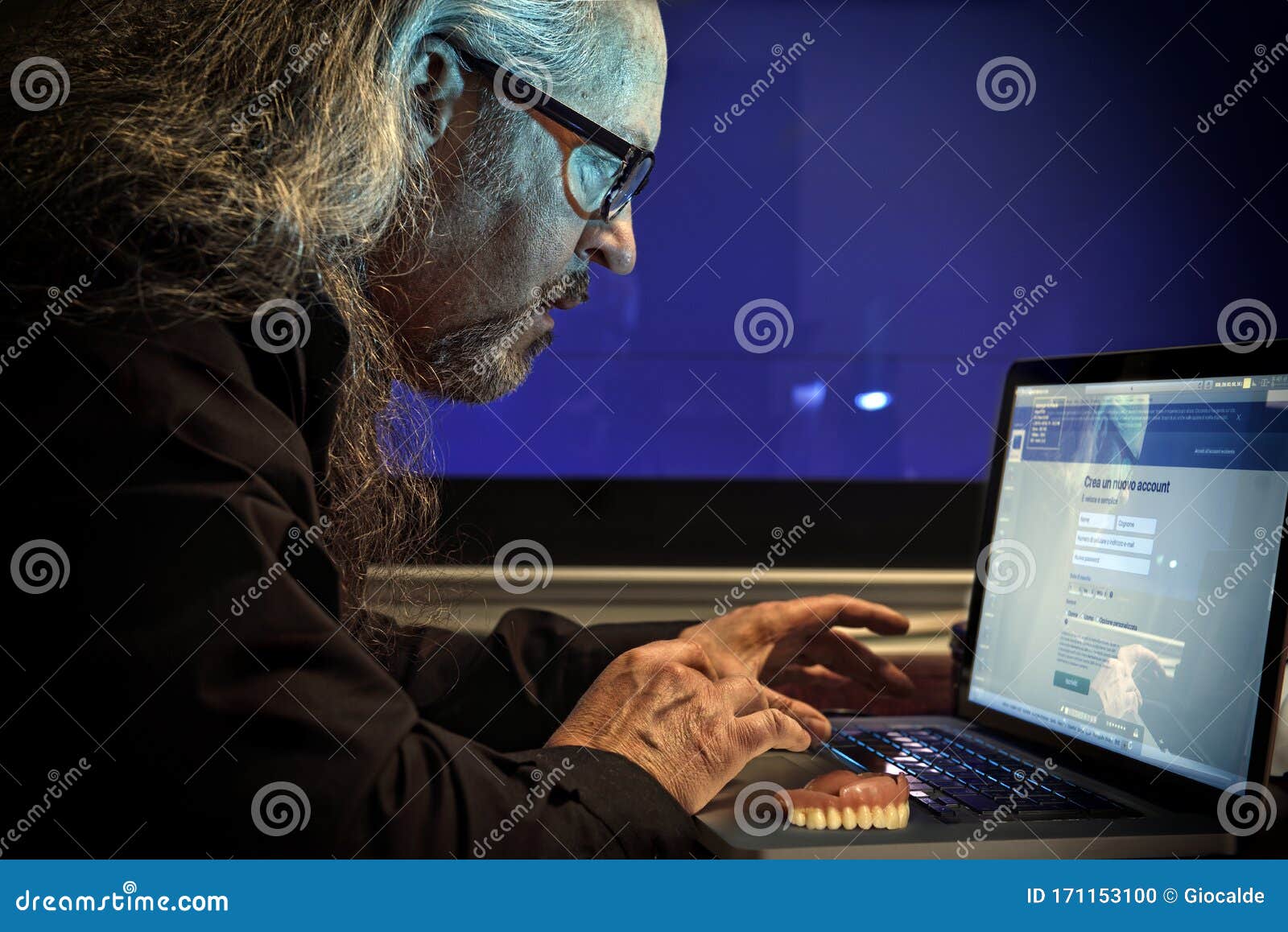 Old hacker in action stock photo. Image of long, online - 171153100