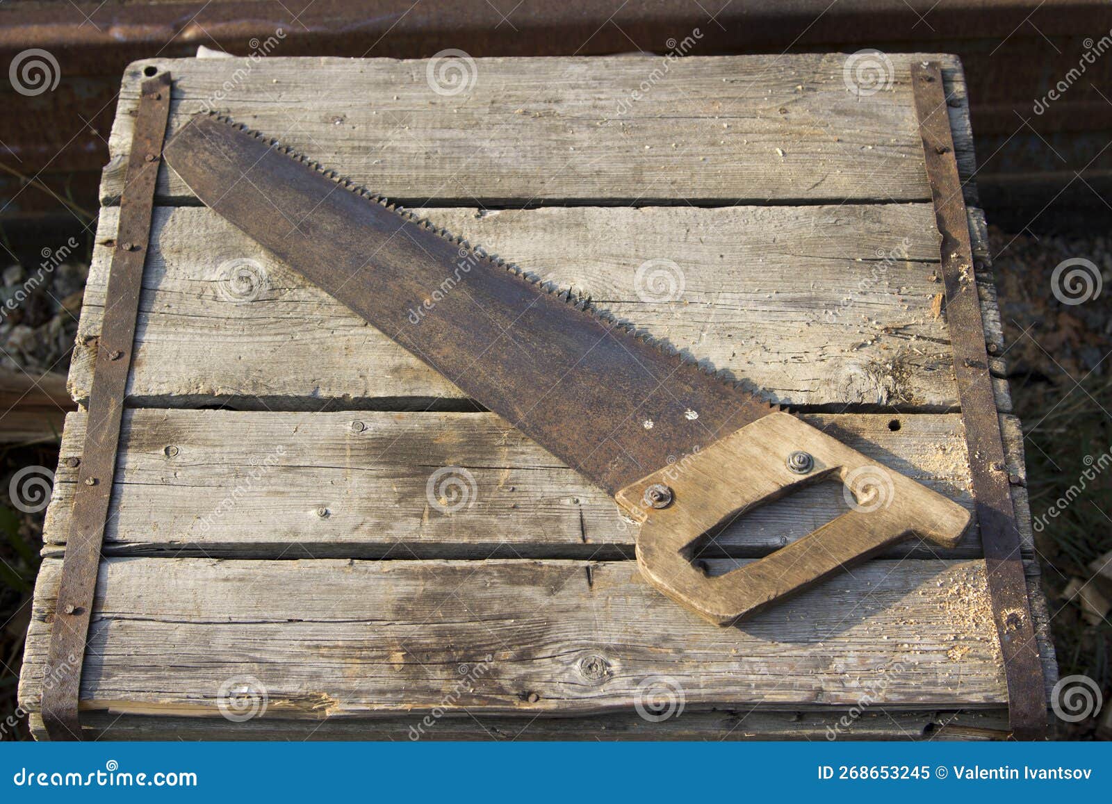 An Old Hacksaw is Lying on a Wooden Box Stock Image - Image of sunny ...
