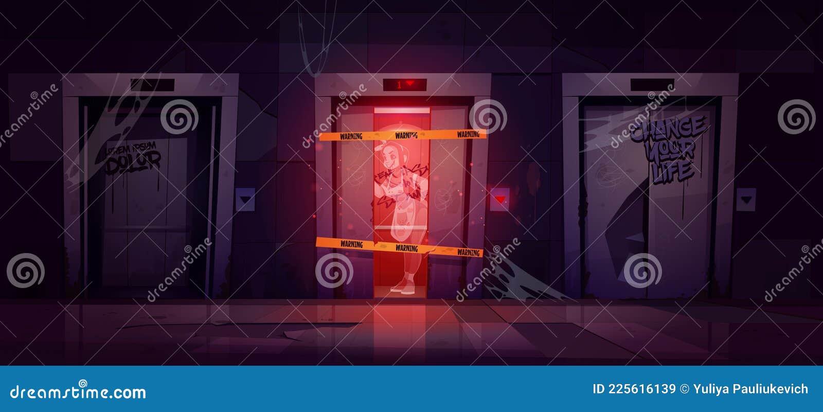 Old Hall with Broken Elevator and Ghost at Night Stock Vector ...