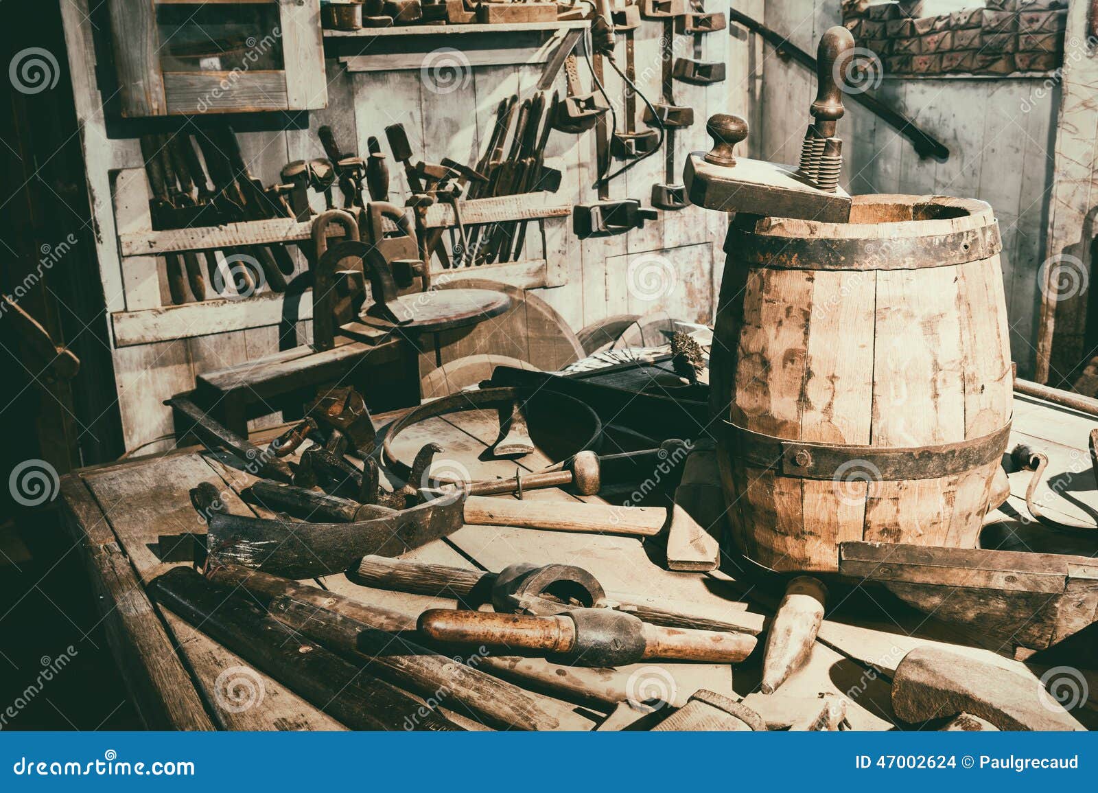 Old Hand Tools in Vintage Workshop Stock Photo - Image of mechanic ...