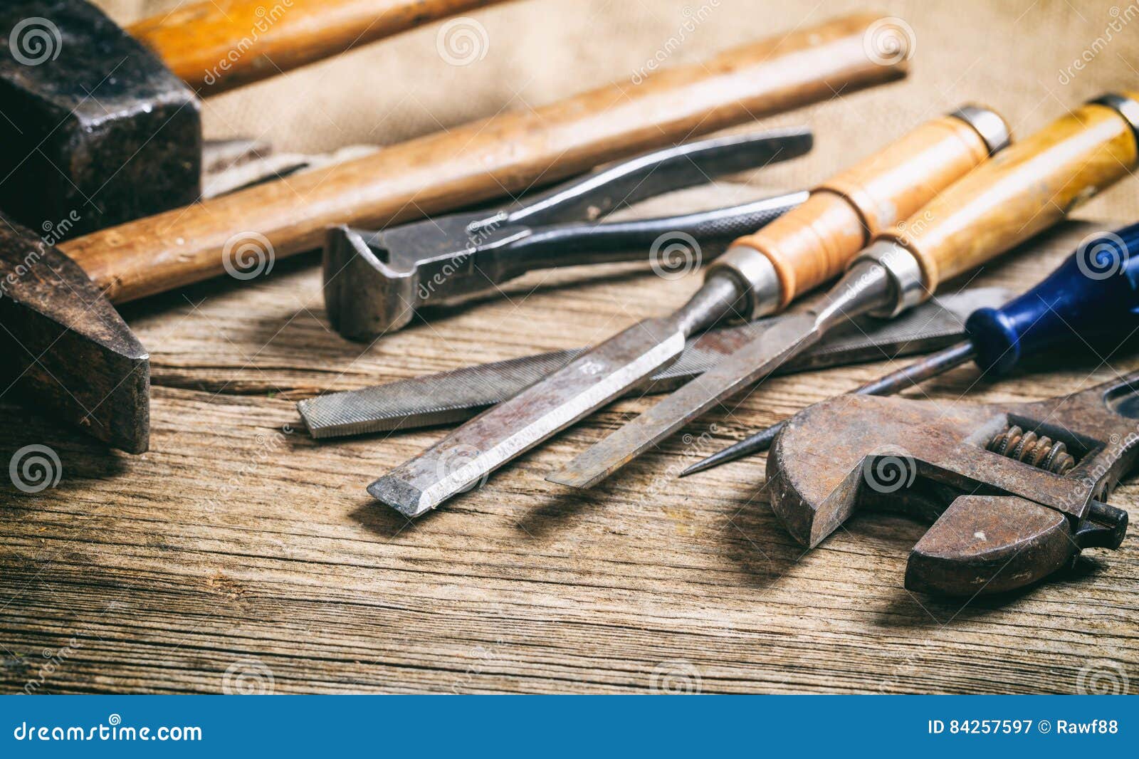 Old Hand Tools on Wooden Background Stock Image - Image of blur, meter ...
