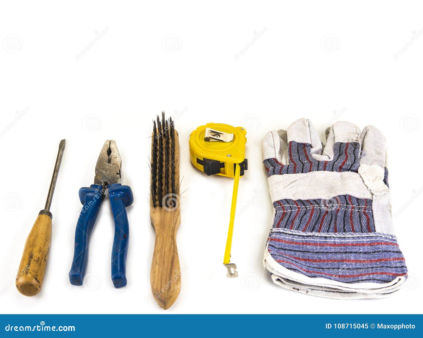 Old Handyman Tools with Gloves on the White Background. Stock Image ...