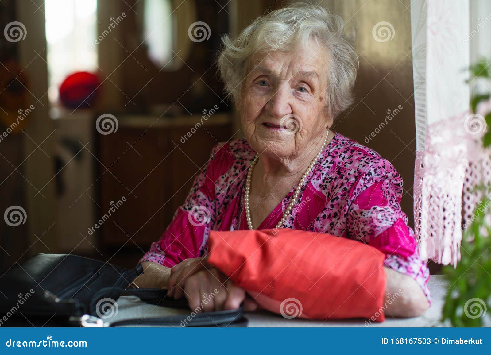 Old Happy Lady Portrait with a Handbag at a Table Stock Image - Image ...