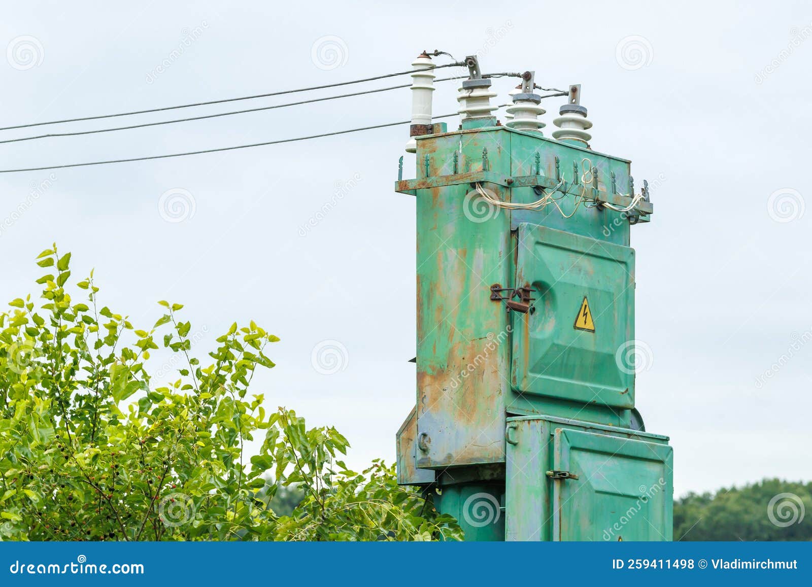 Old High Voltage Transformer and Power Line Stock Photo - Image of ...
