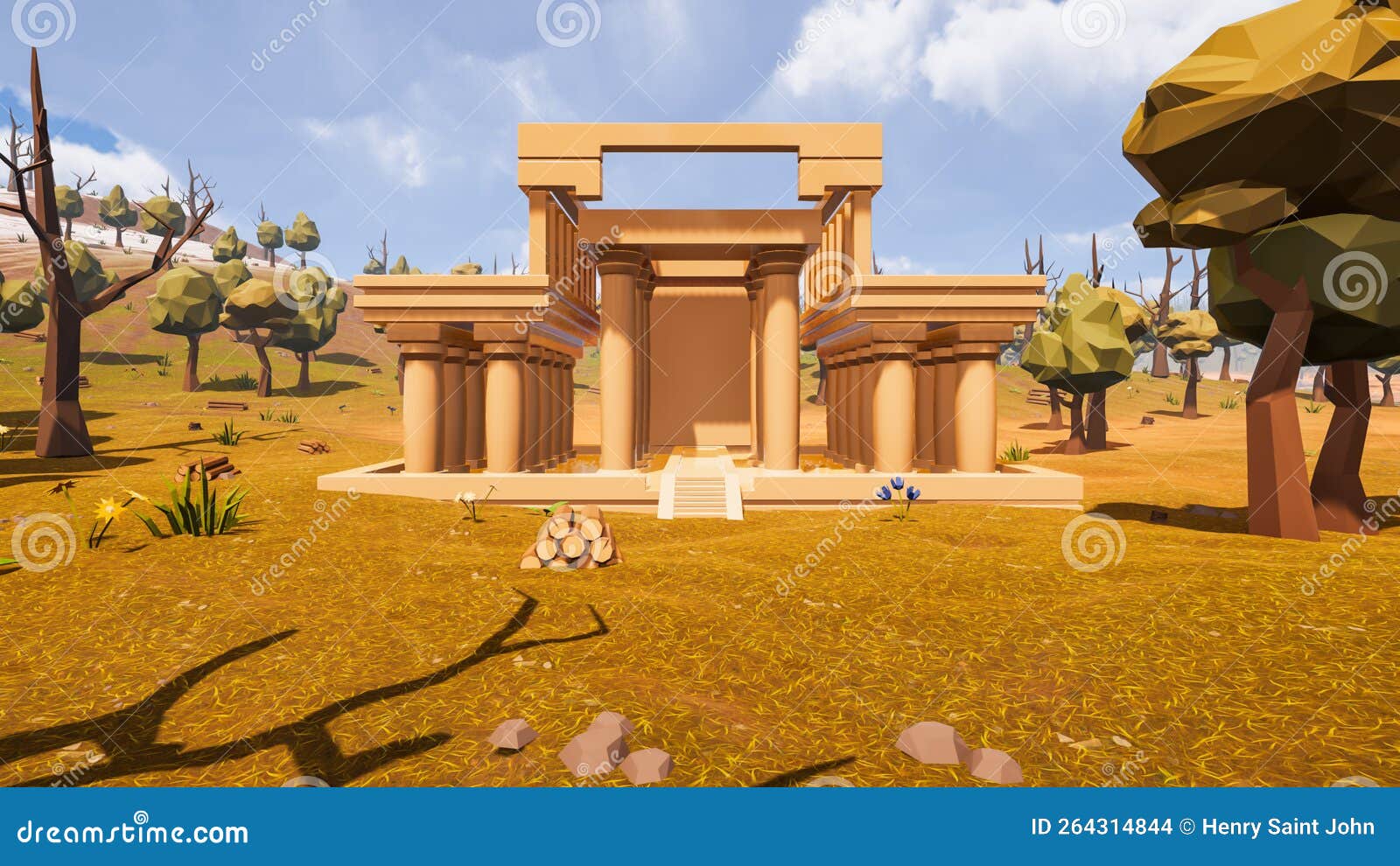 An Old Historic Building in the Center of a Low Poly Scenery ...