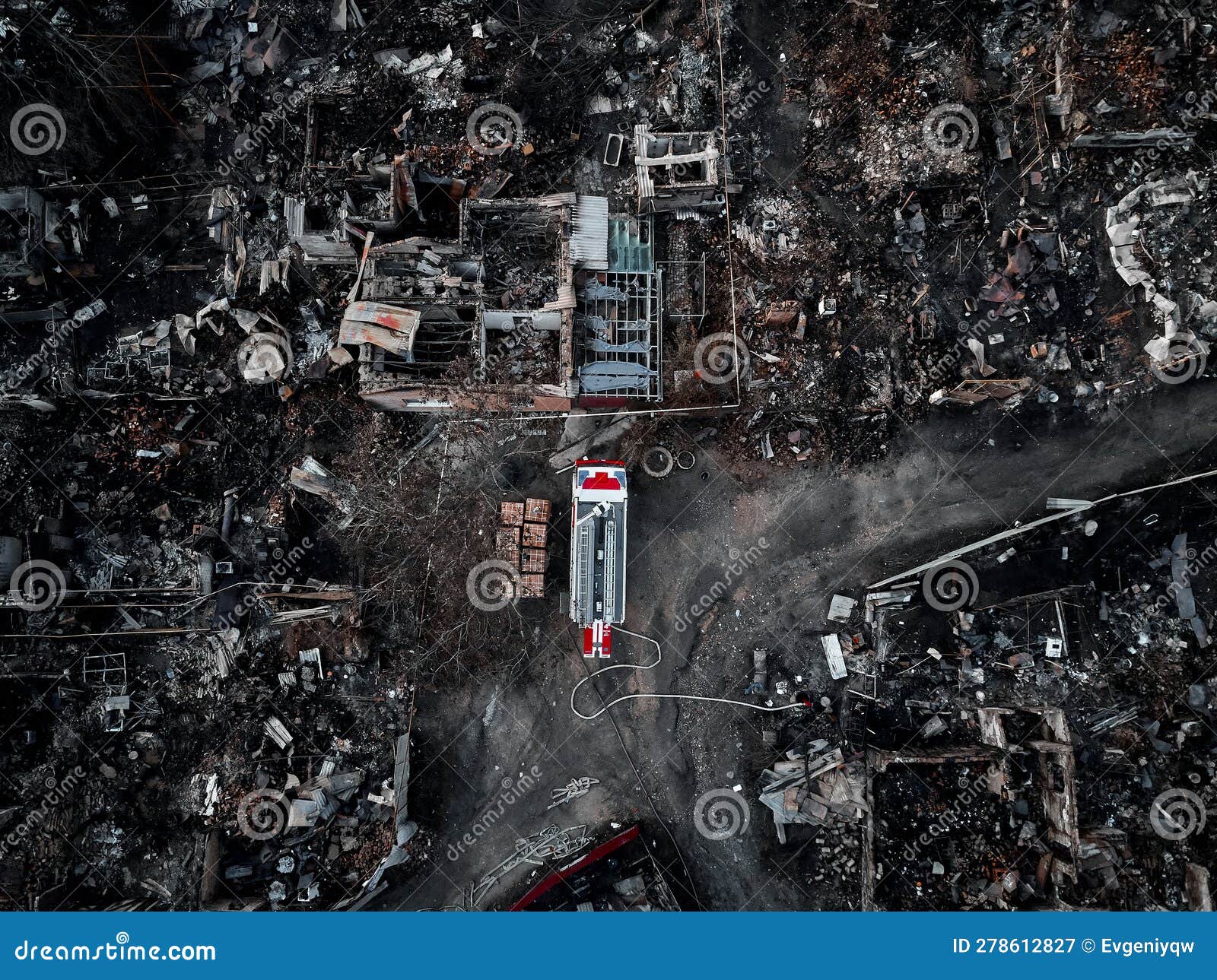 Old Home after Fire and Burned Everything in the Area. Fire Truck, Top ...