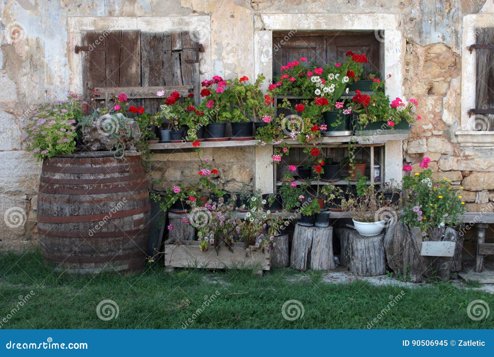Old house with flowers stock image. Image of board, spring - 90506945