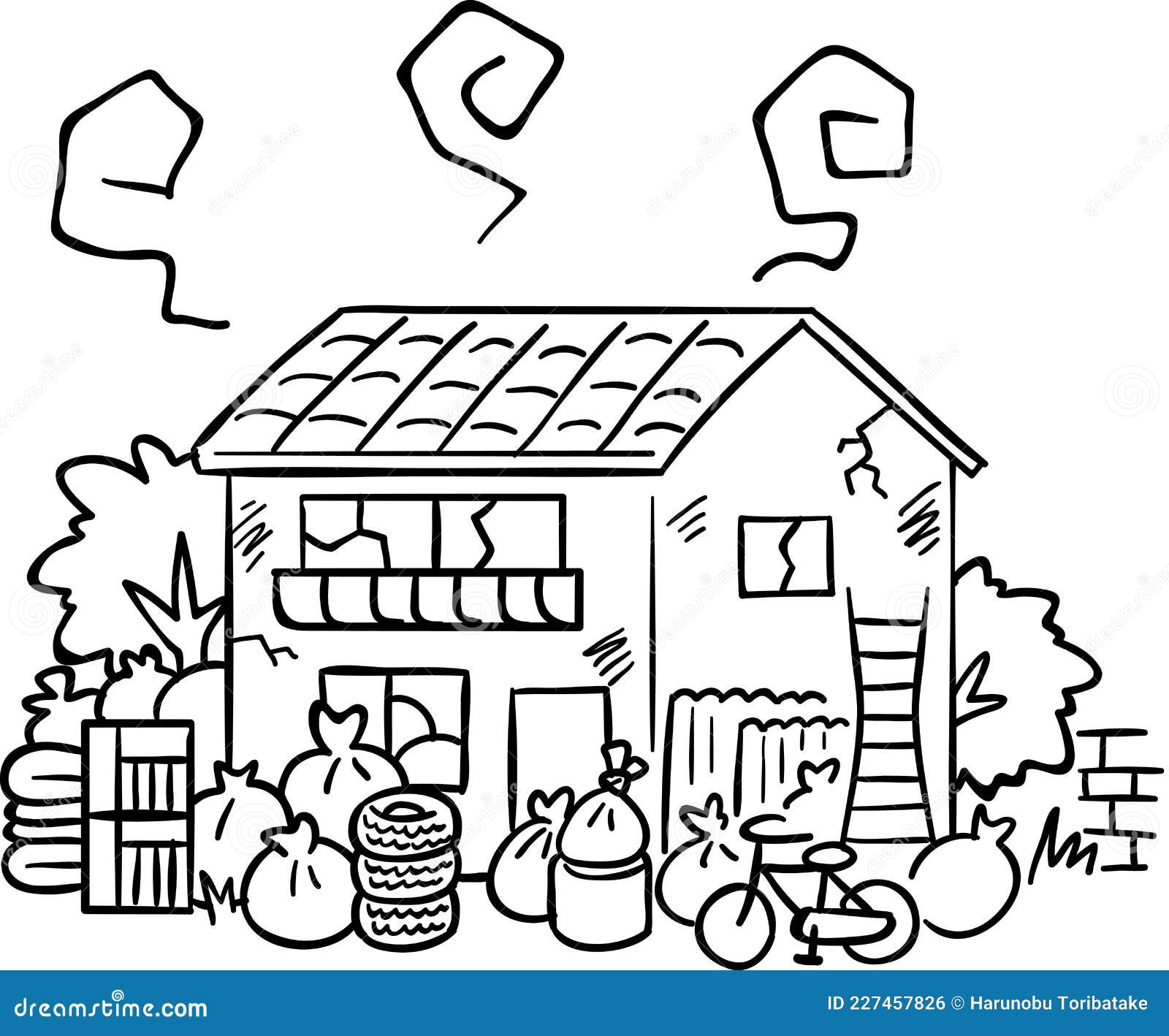 An Old House with a Lot of Garbage Drawn in Line Drawings Stock Vector ...
