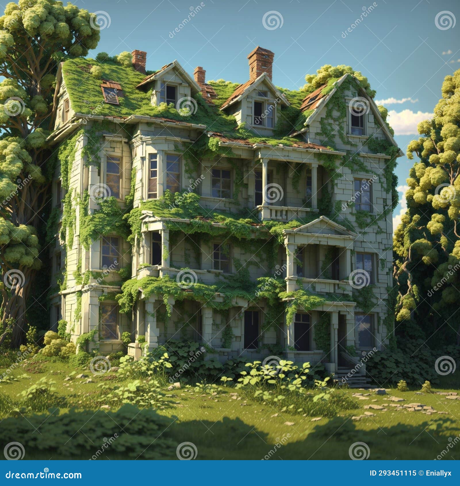 An Old House Overgrown with Greenery Stock Illustration - Illustration ...