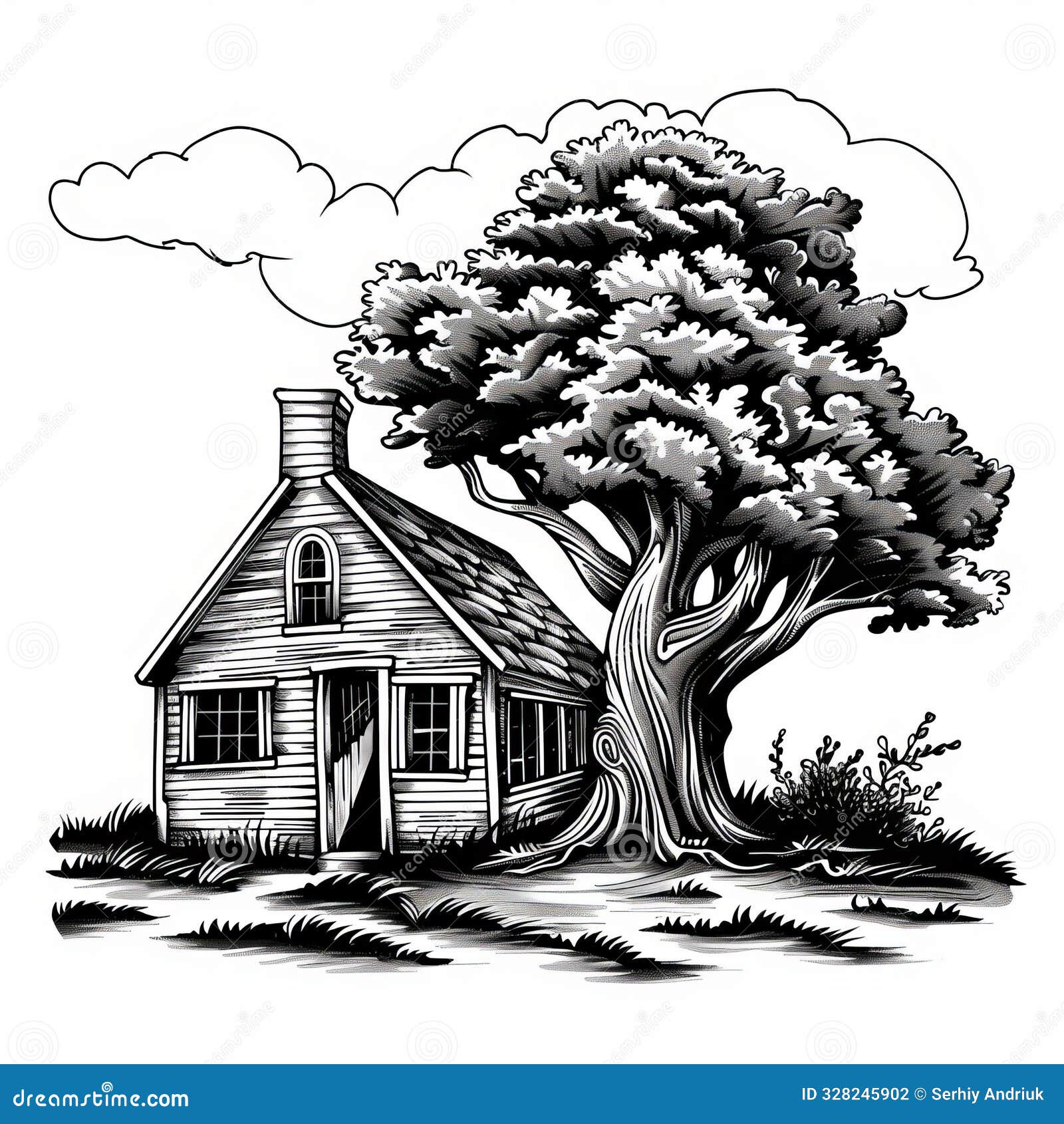 Old House and Tree. Ink Black and White Engraving Illustration Stock ...