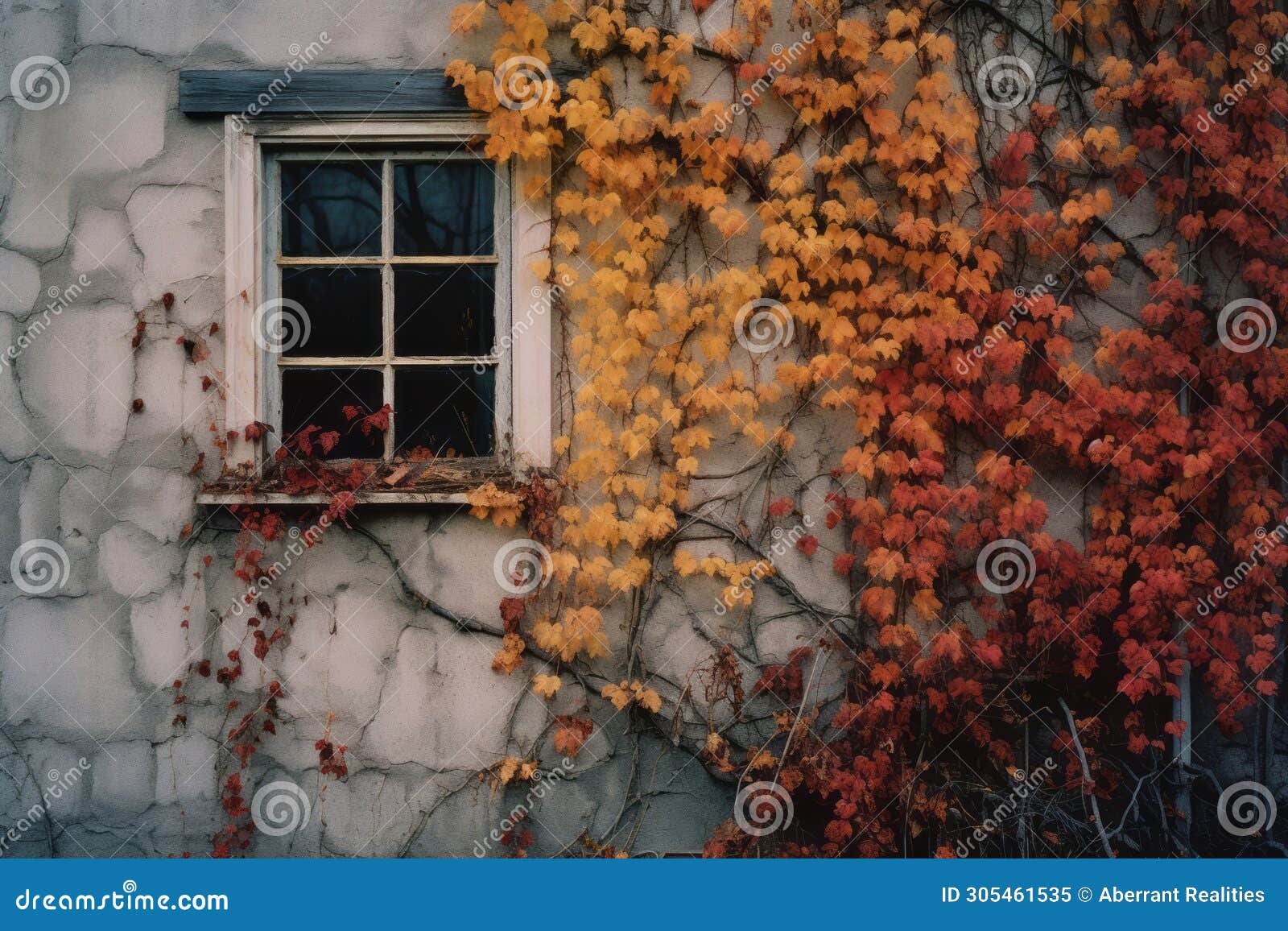 An Old House with Vines Growing Around it and a Window Stock ...