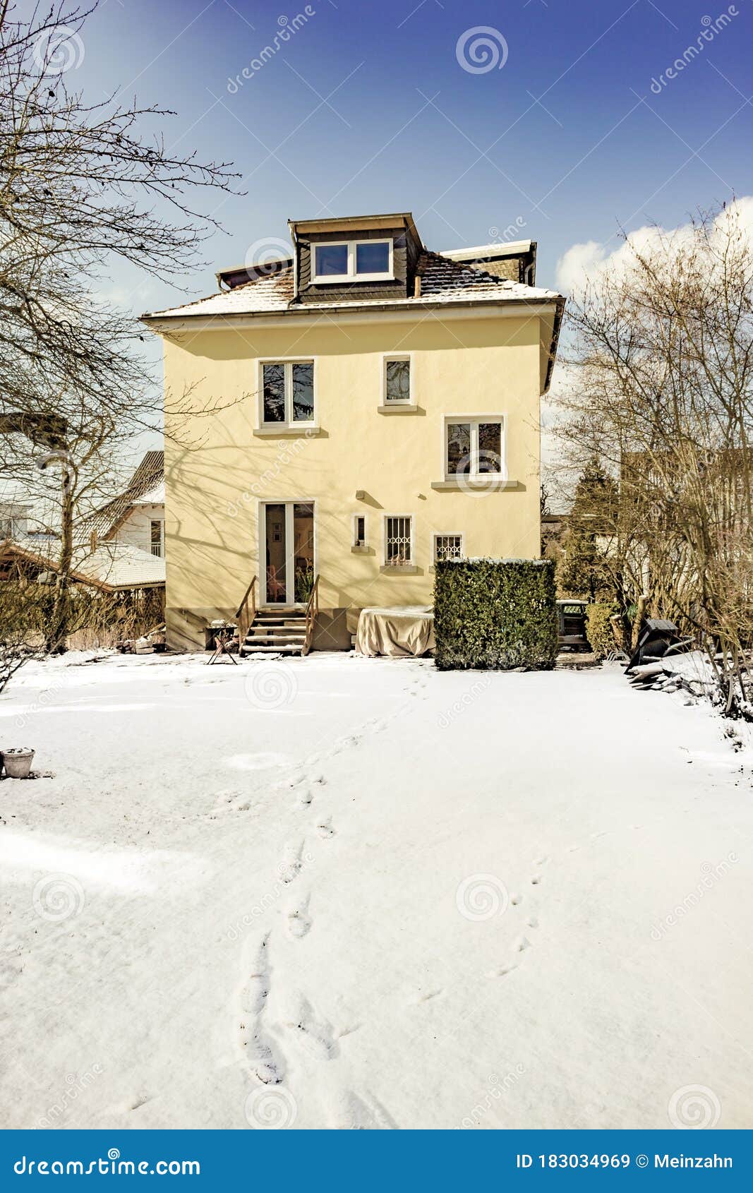 Old House in Winter with Snow and Trees Stock Image - Image of garden ...