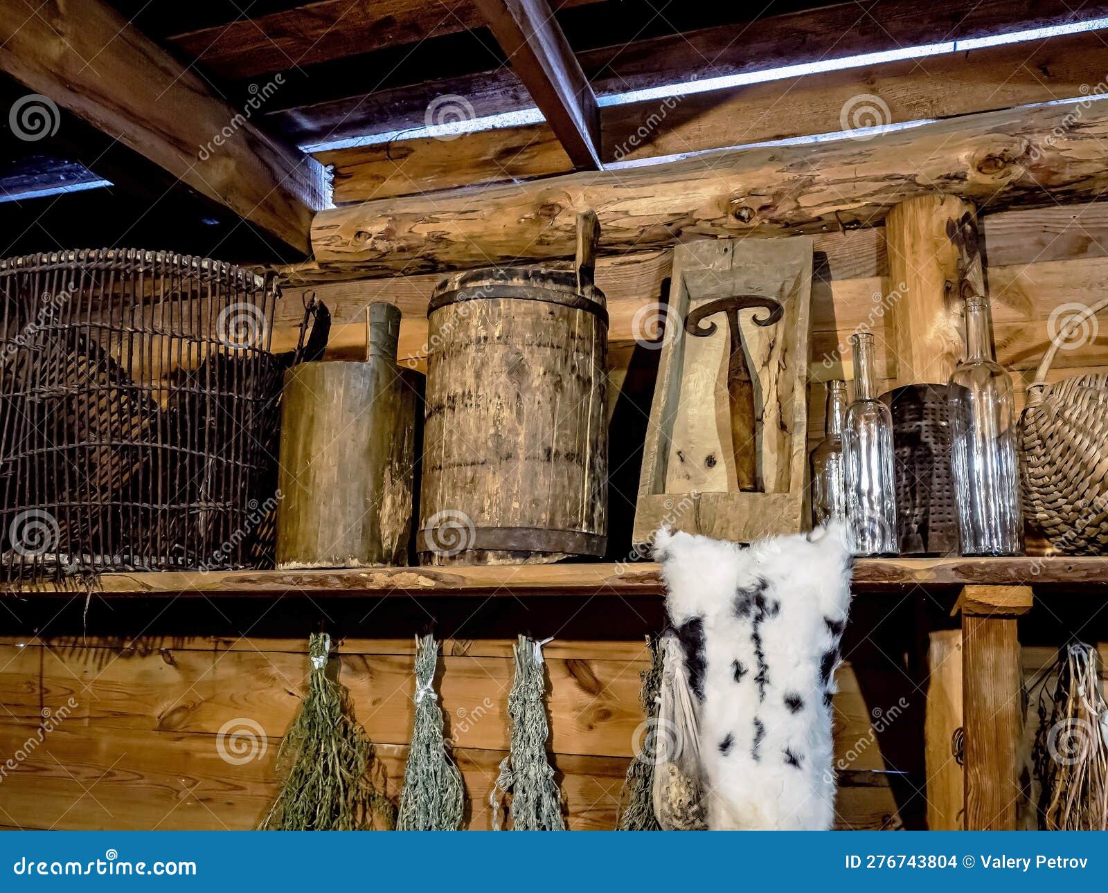 Old Household Utensils in the Barn on the Shelf Stock Photo - Image of ...