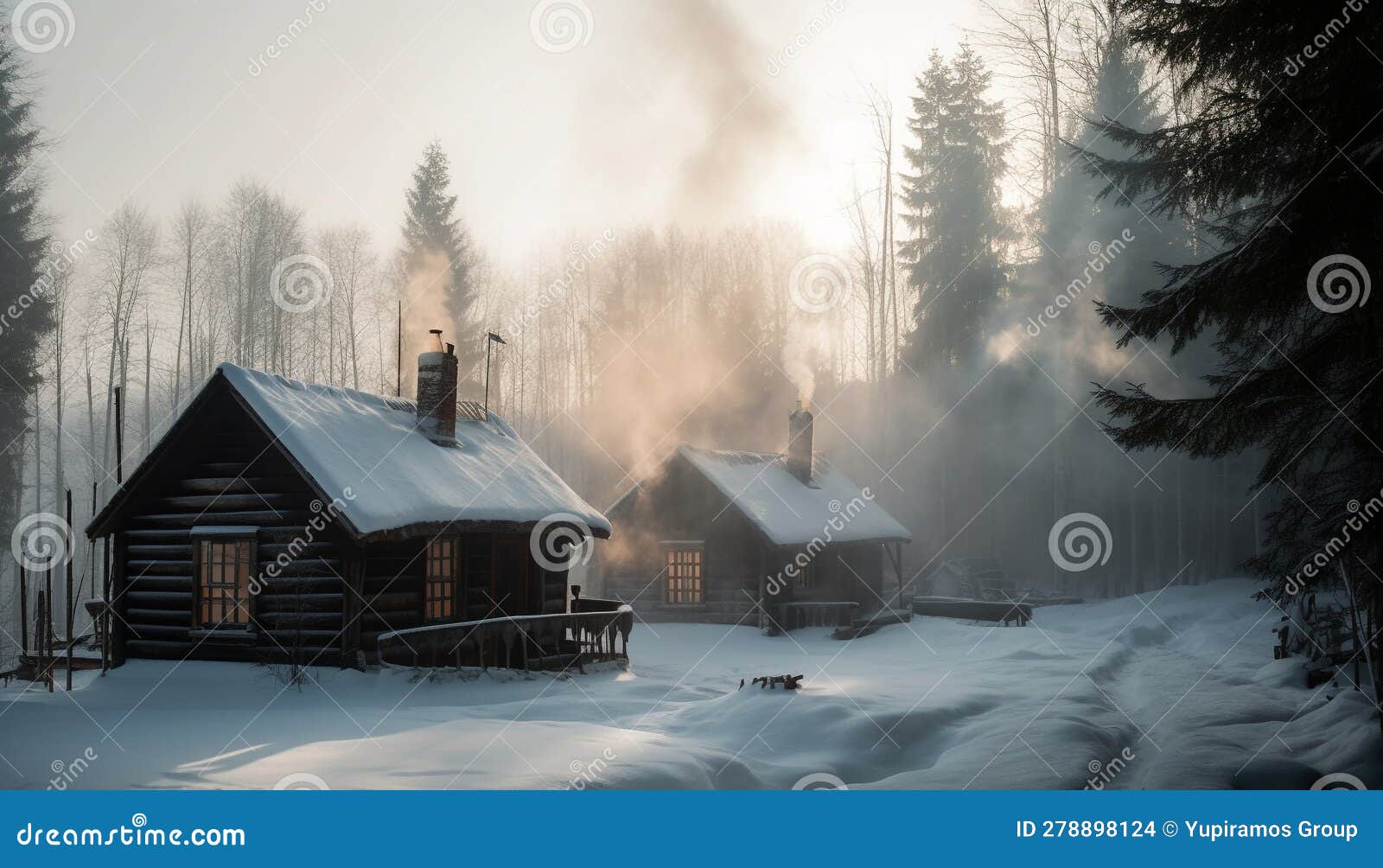 The Old Hut Chimney Smoked in the Snowy Forest Night Generated by AI ...