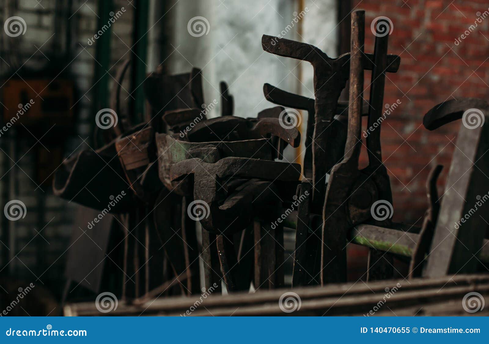 Old Industrial Machine Tools in Workshop. Rusty Metal Equipment in ...