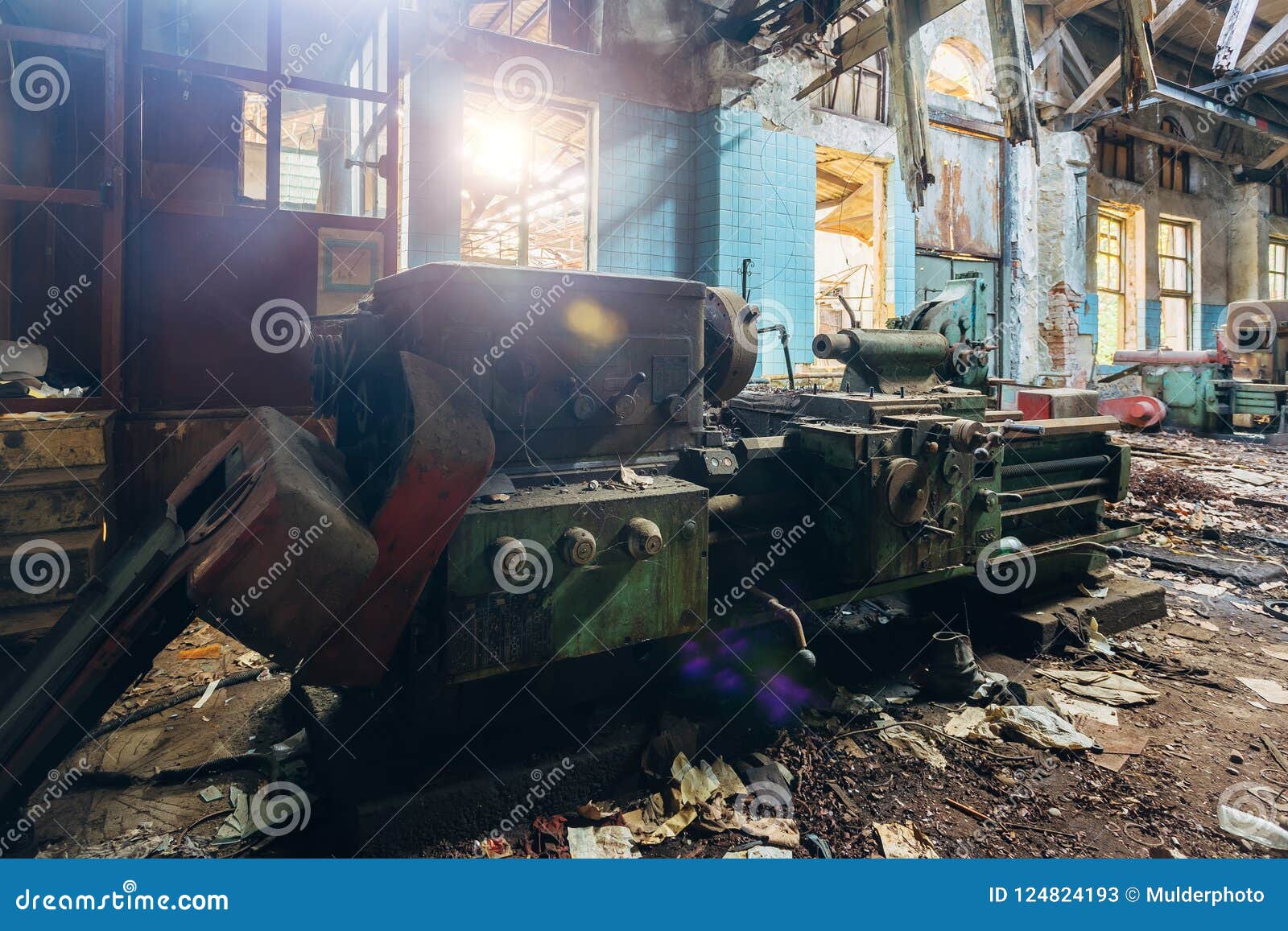 Old Industrial Machine Tools in Workshop. Rusty Metal Equipment in ...