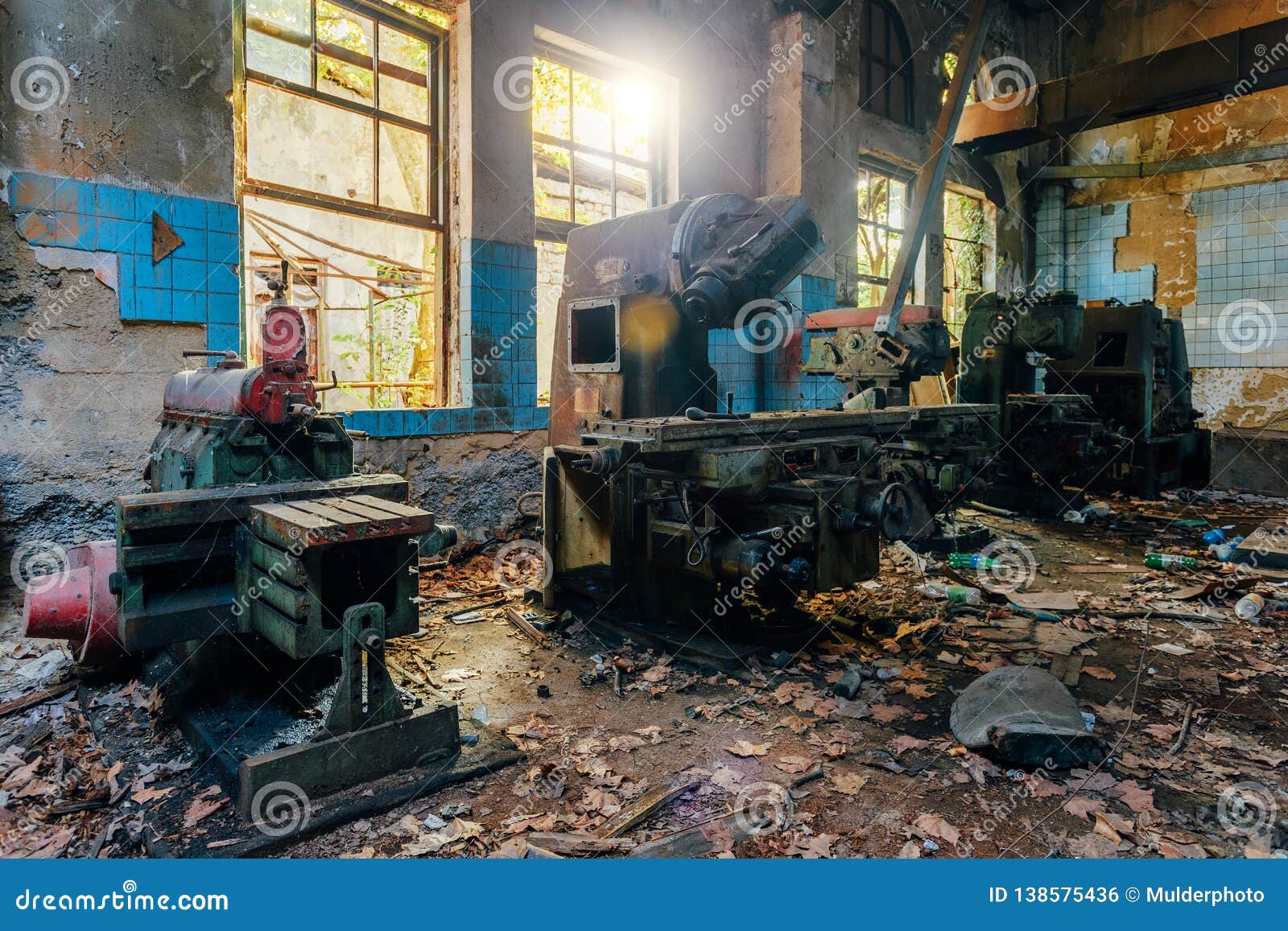 Old Industrial Machine Tools in Workshop. Rusty Metal Equipment in ...