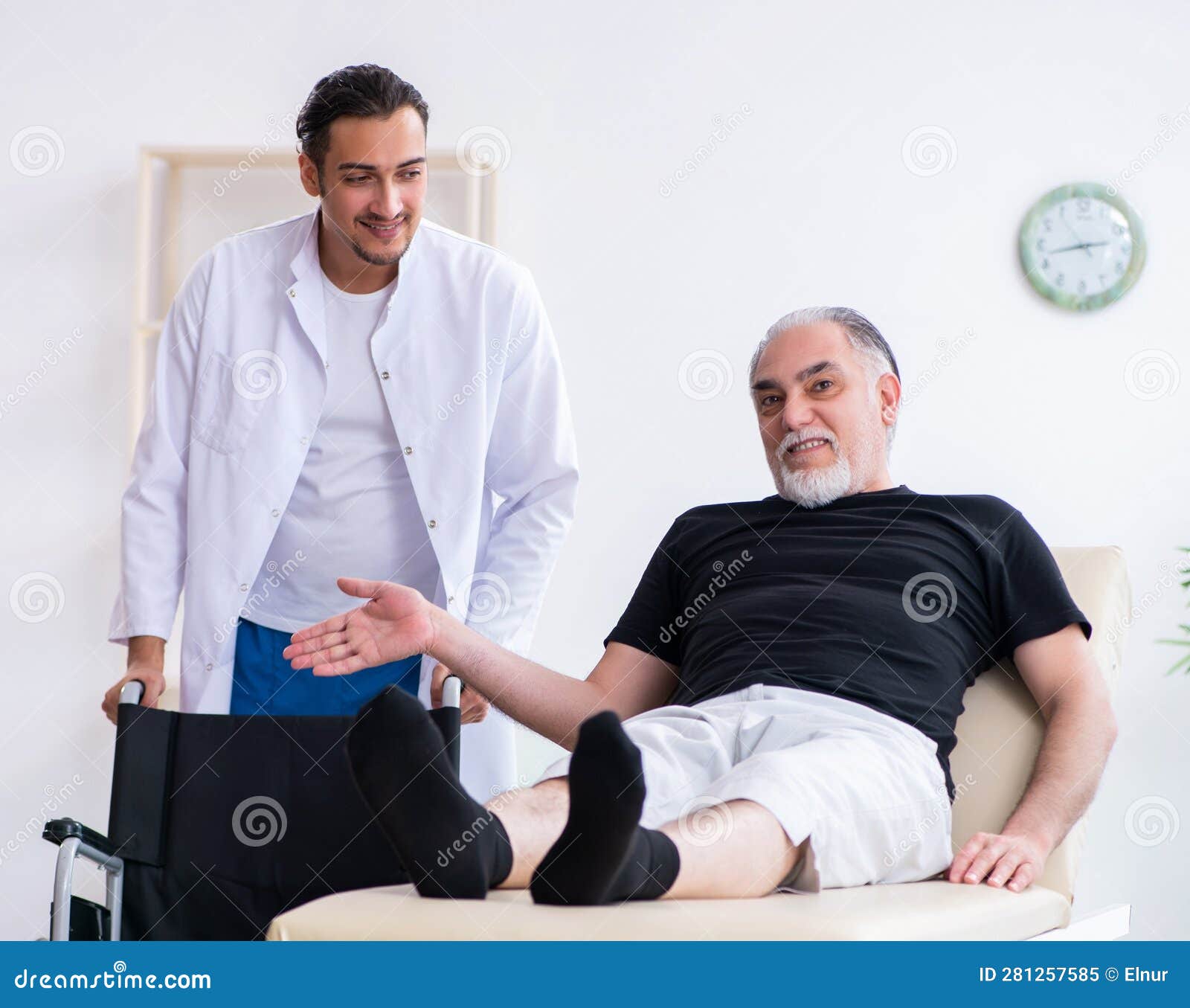 Old Injured Man Visiting Young Doctor Stock Image - Image of discussing ...