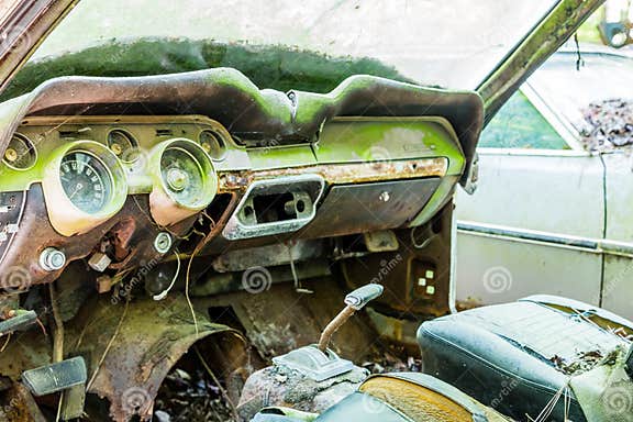 Old Interior of Wrecked Green Car Stock Image - Image of vehicle ...