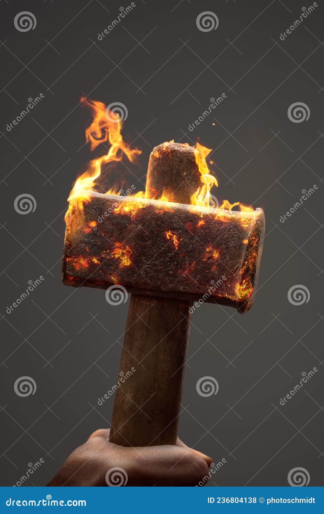 Old iron hammer on fire stock photo. Image of tool, forge - 236804138
