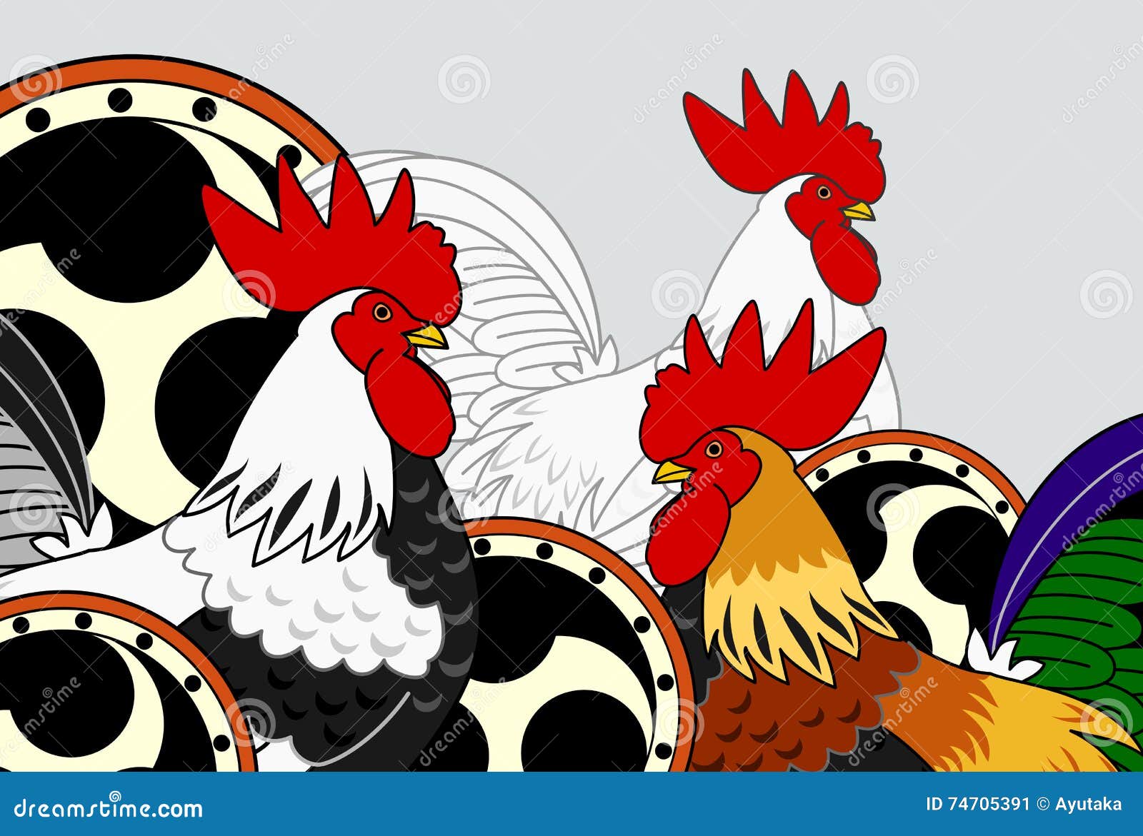Old Japanese Drums and Roosters Stock Vector - Illustration of animals ...
