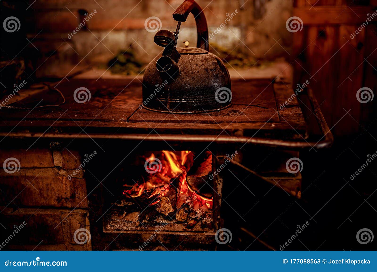 Old Kettle on Stove and Opening Fire Stock Image - Image of culture ...