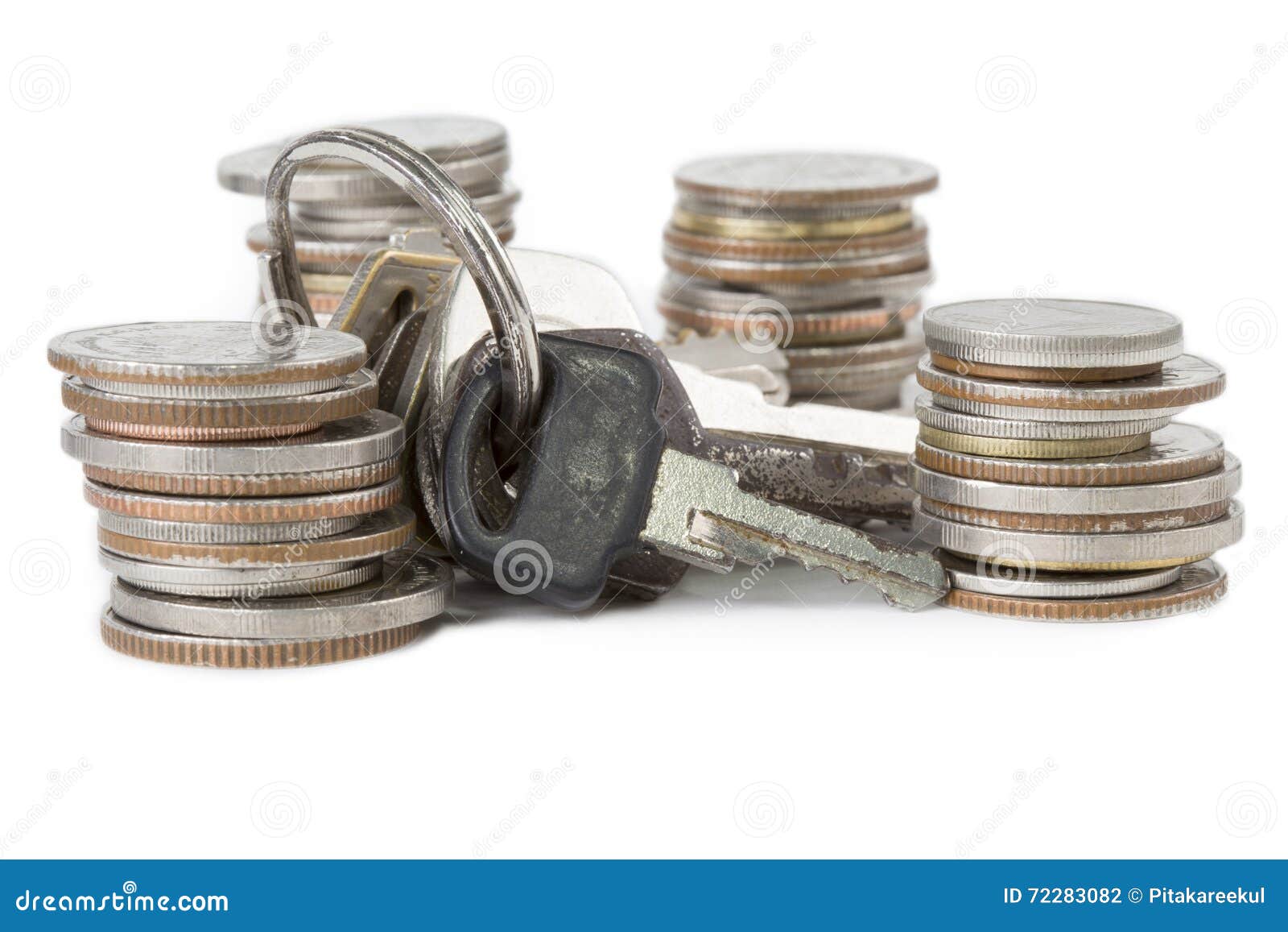 Old Key with Stack of Coin on White Background. Stock Photo - Image of ...