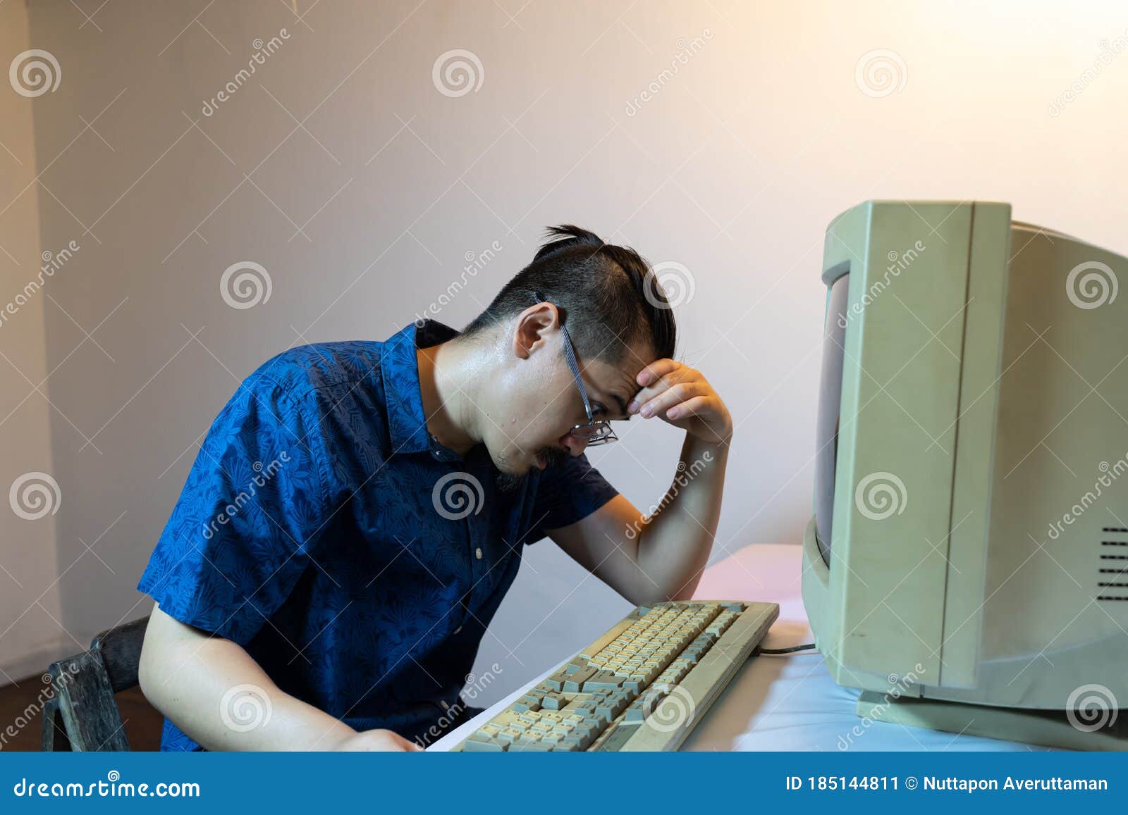 Old Keyboard and Personal Computer with Old Display with Man Stock ...