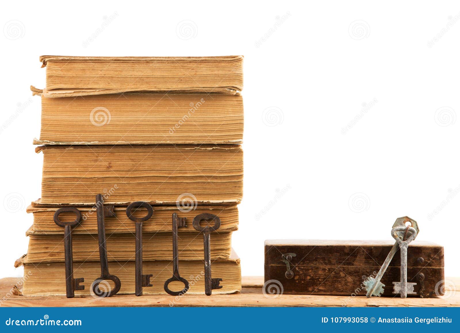 Old Keys, Stack of Antique Books Isolated on White Background Stock ...