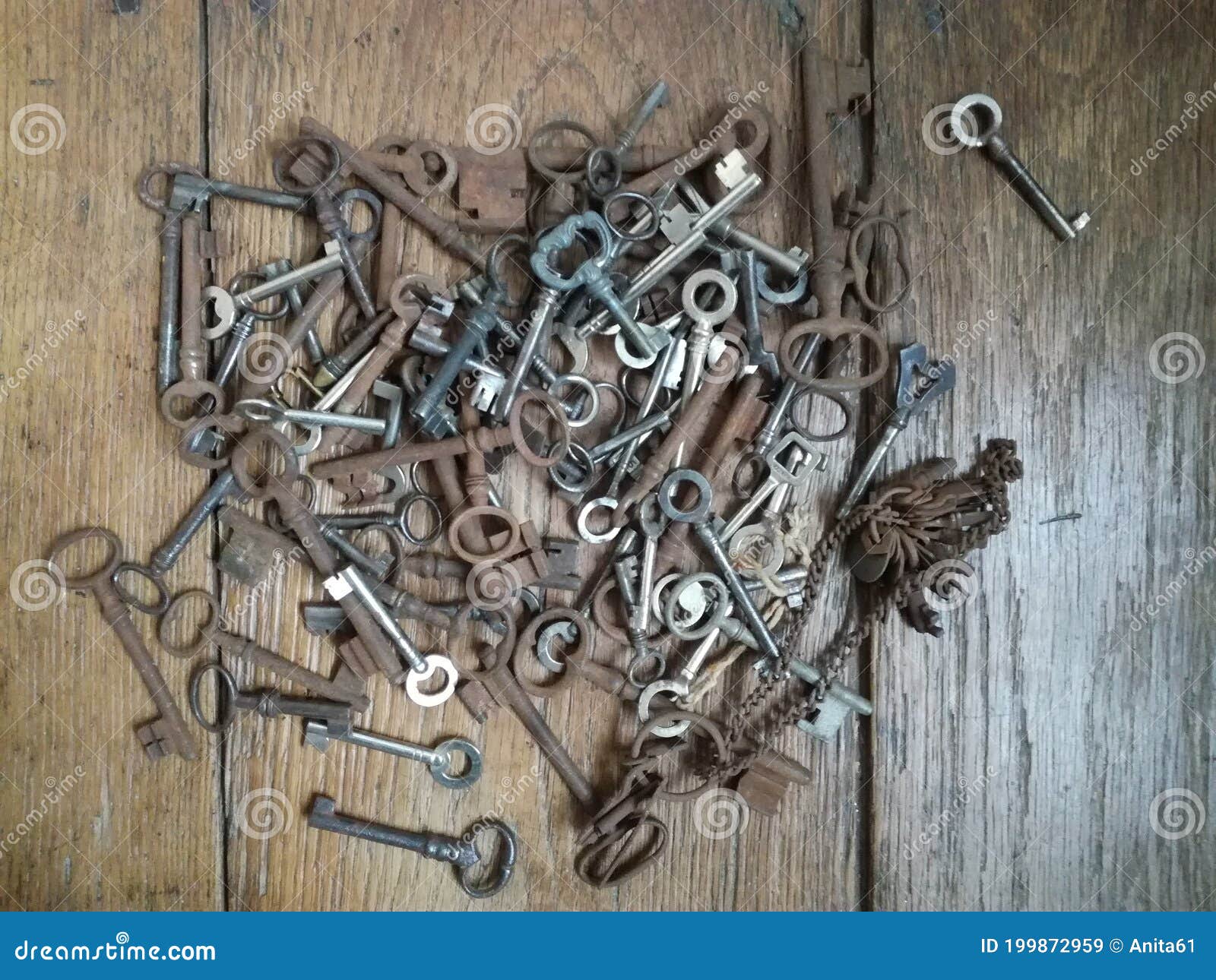 Old Keys on a Wooden Plank Floor Stock Image - Image of scattered ...