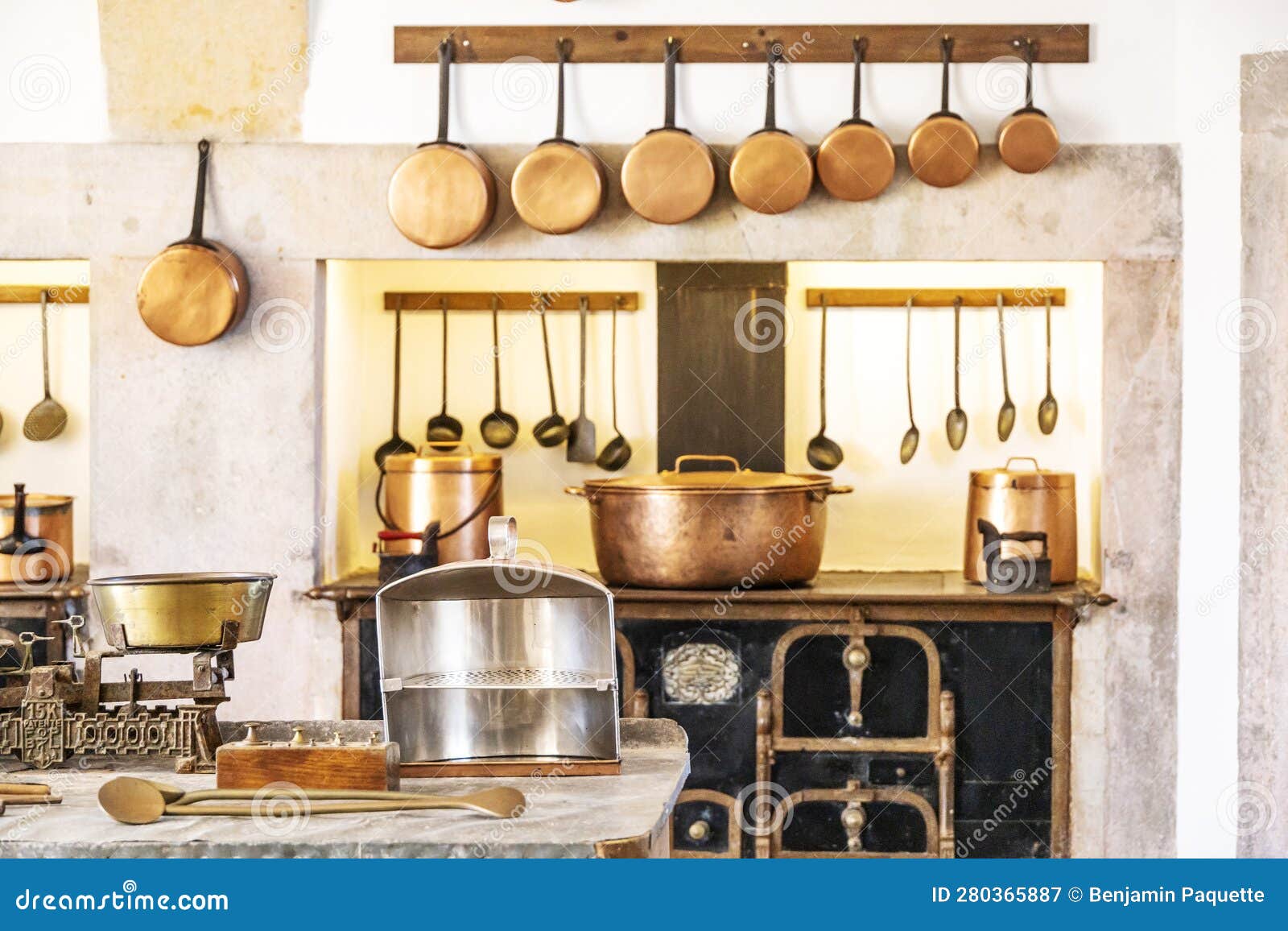 Old Kitchen with Bronze Pots and an Old Cooking Stove Stock Image ...