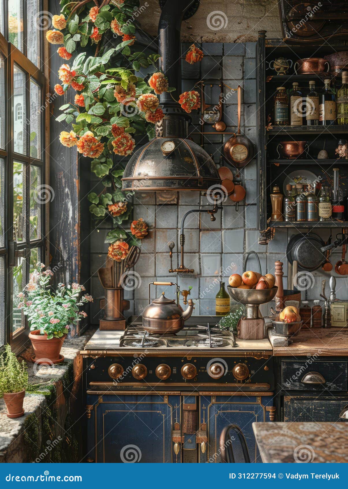Old Kitchen Interior with Vintage Stove Flowers and Apples Stock Photo ...