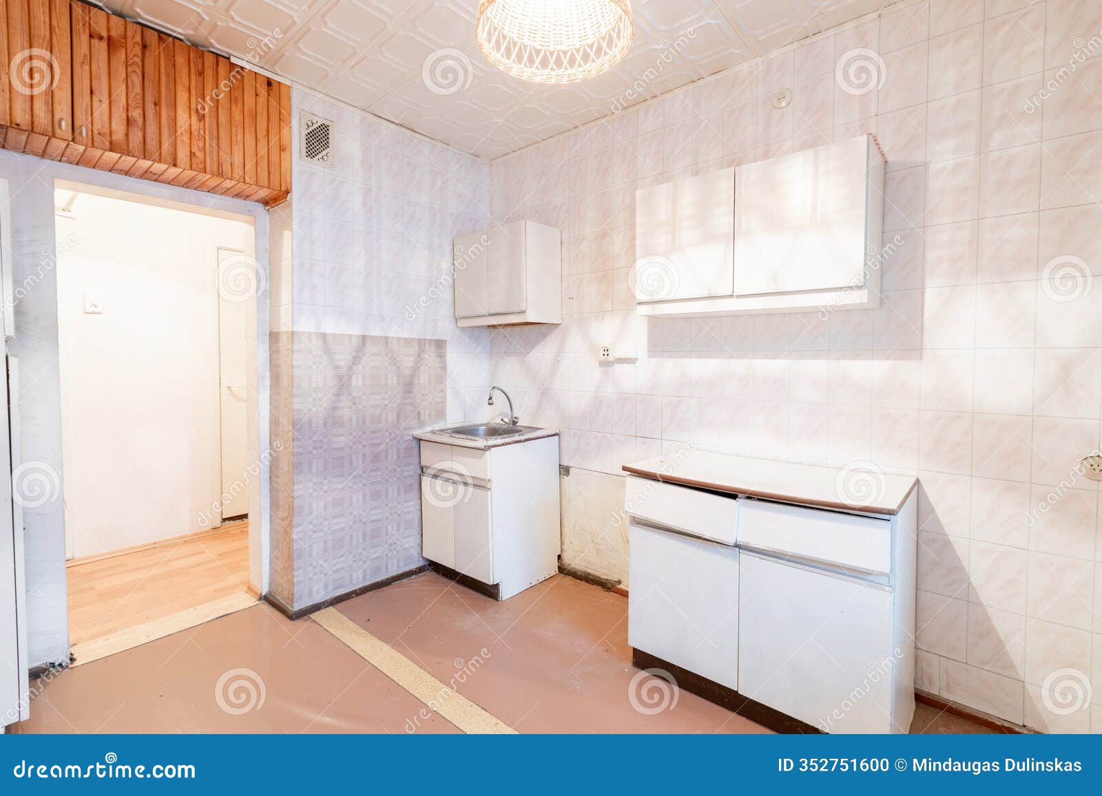 Old Kitchen Interior with White Cabinets and Brightly Lit Space. Old ...
