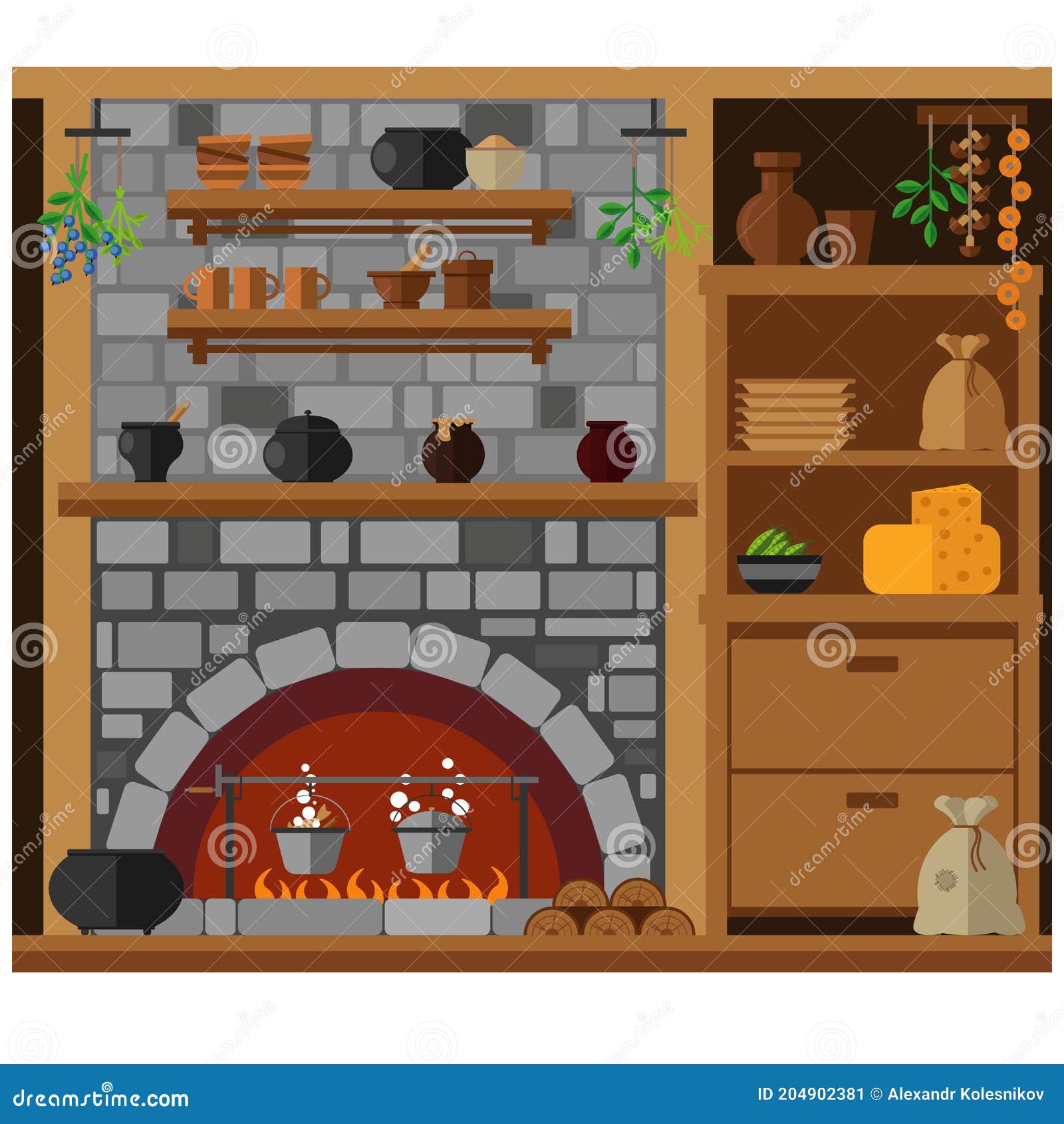 Old Kitchen with Stone Hearth Wardrobe and Kitchenware. Vector ...