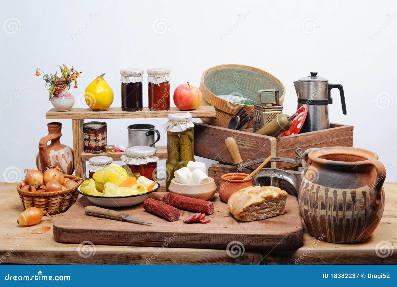 Old Kitchen Utensils and Food Stock Image - Image of wood, ceramics ...