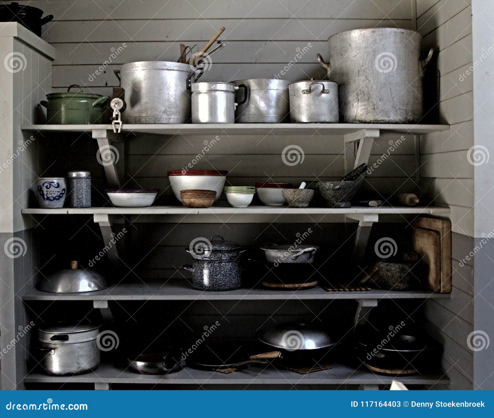 Old Kitchenware Pots and Pans Stock Image - Image of shelves, home ...