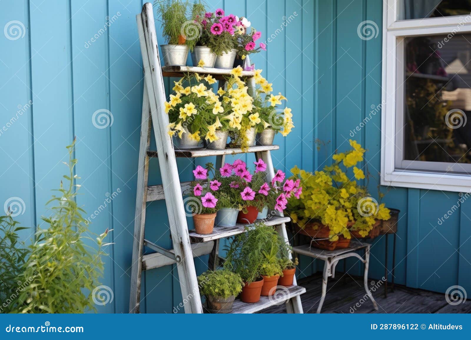 Old Ladder Turned into a Colorful Plant Stand Stock Photo - Image of ...