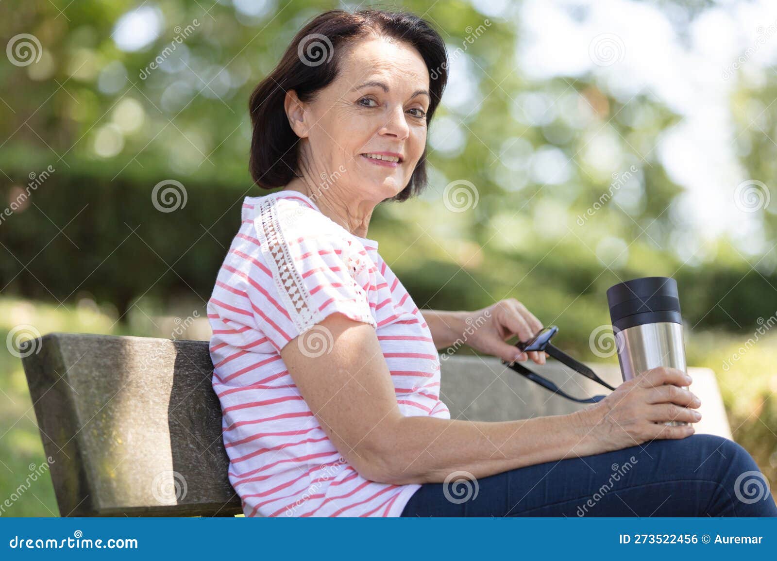 Old Lady Drinking Tea Sitting on Bench in Sunny Park Stock Photo ...