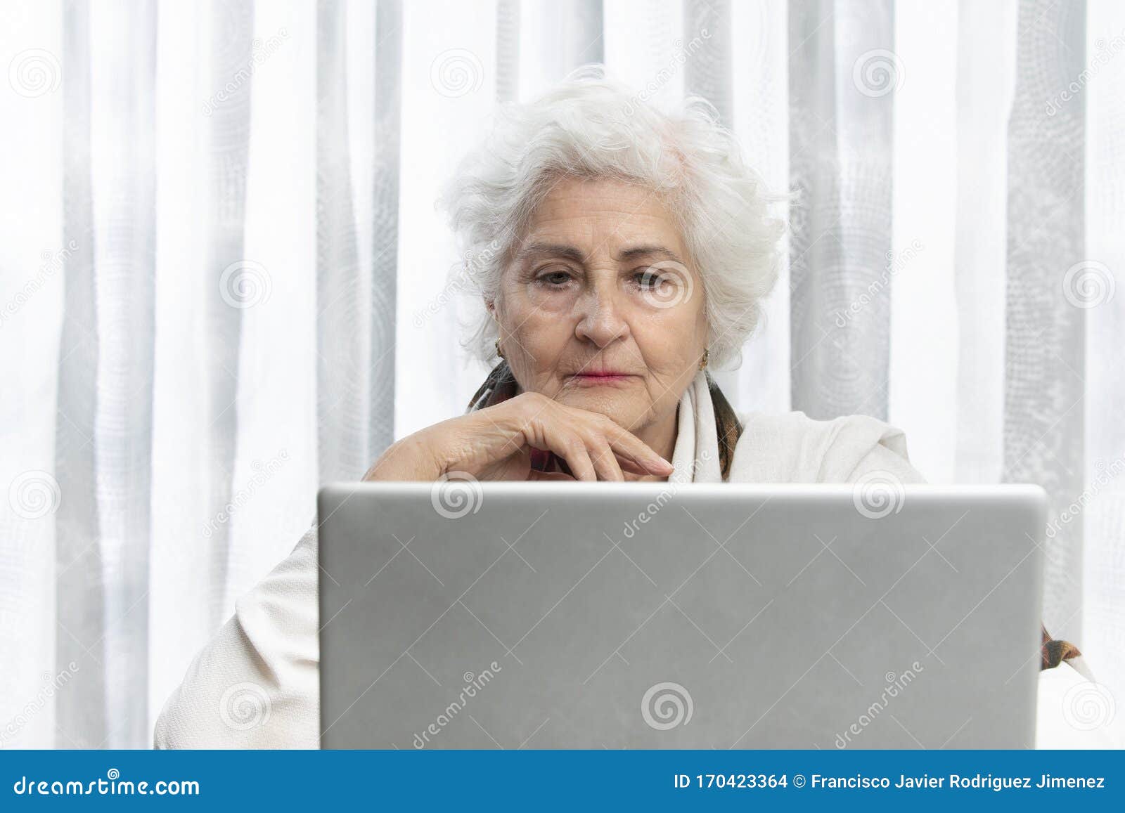 Old Lady Glasses Looking at a Computer on a Wooden Table Stock Photo ...