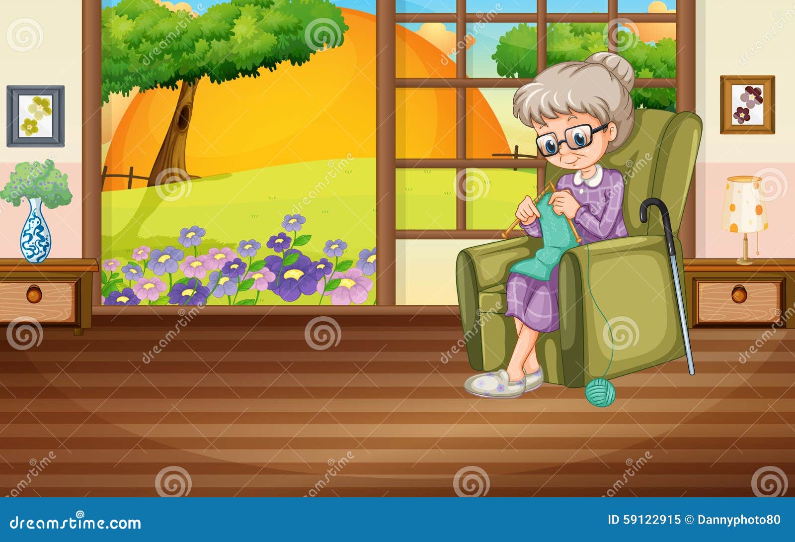 Old Lady Knitting on the Armchair Stock Vector - Illustration of lawn ...