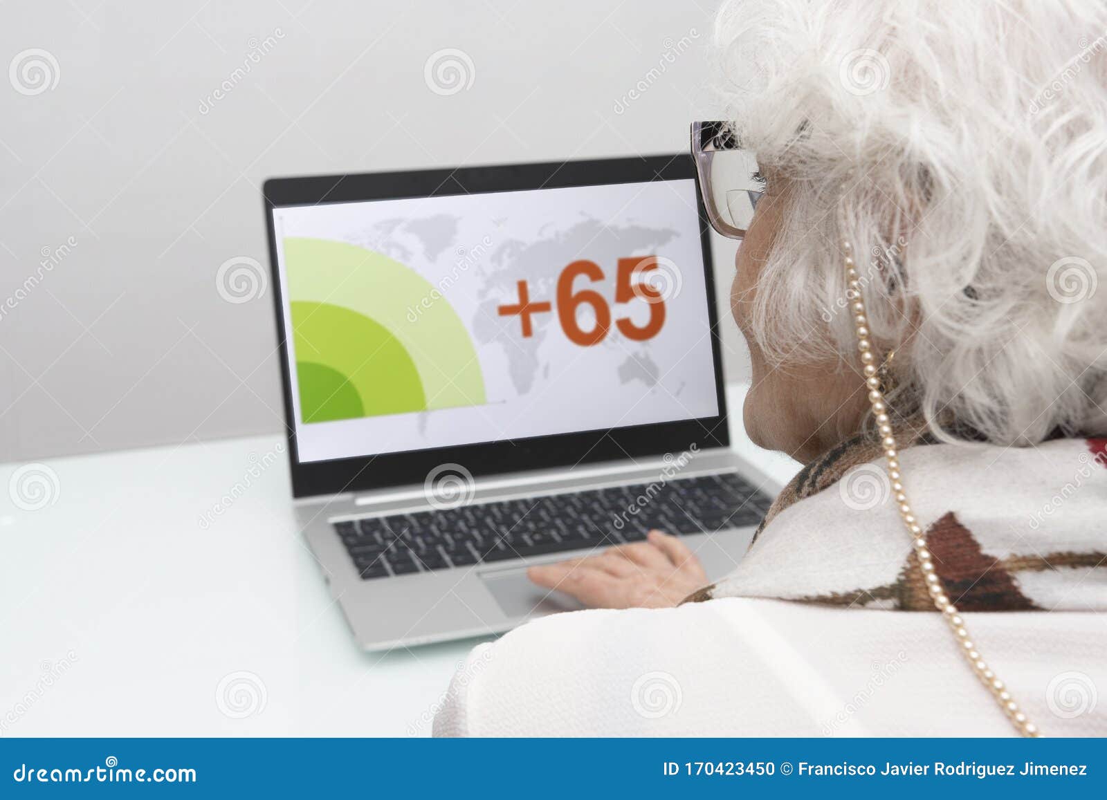 Old Lady Looking at a Computer on a White Table Stock Photo - Image of ...