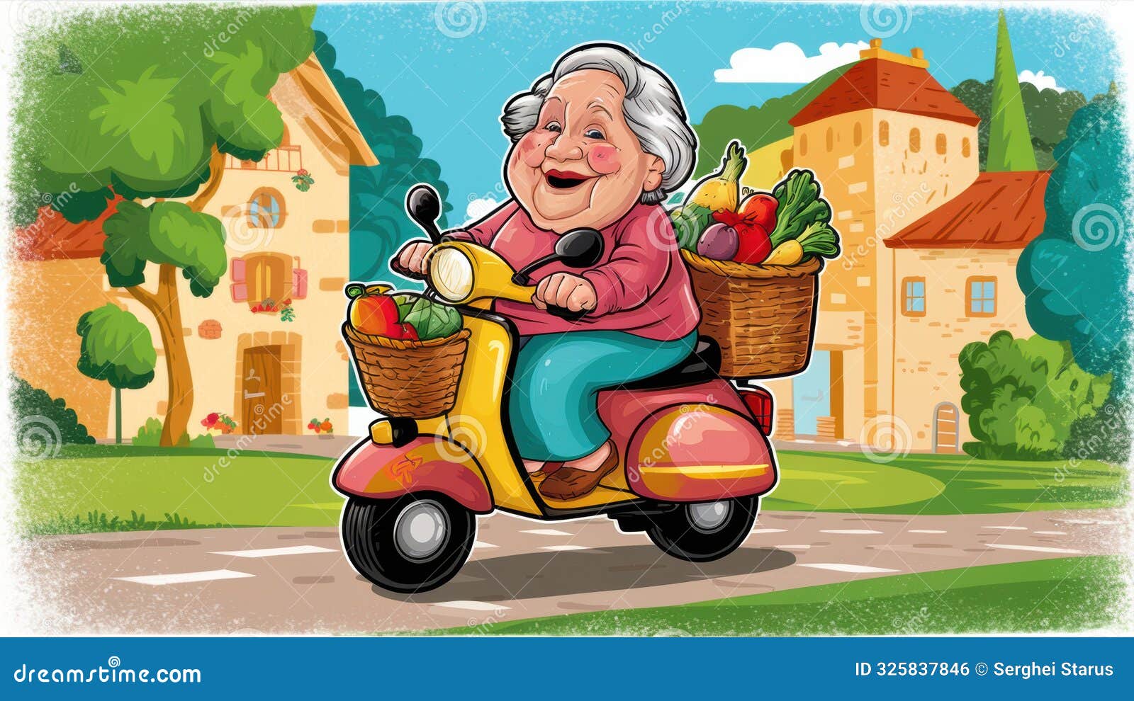 An Old Lady Riding a Moped with Baskets of Vegetables, AI Stock Photo ...