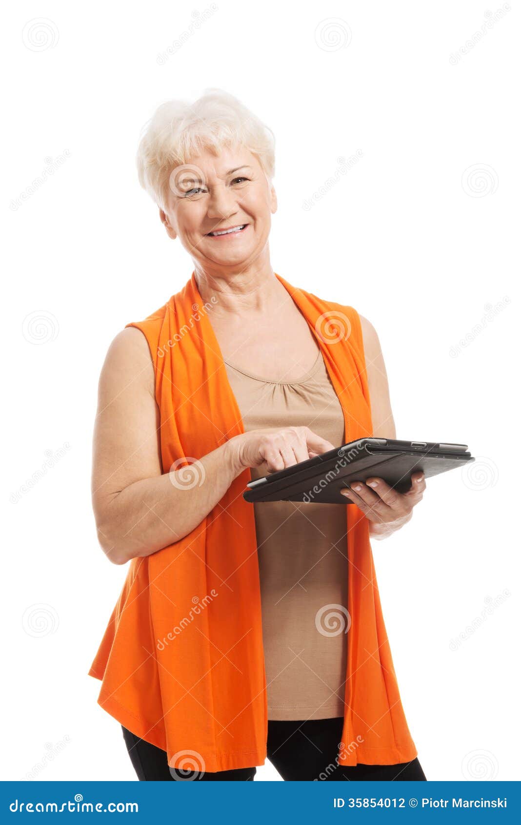 An old lady with tablet. stock photo. Image of portrait - 35854012