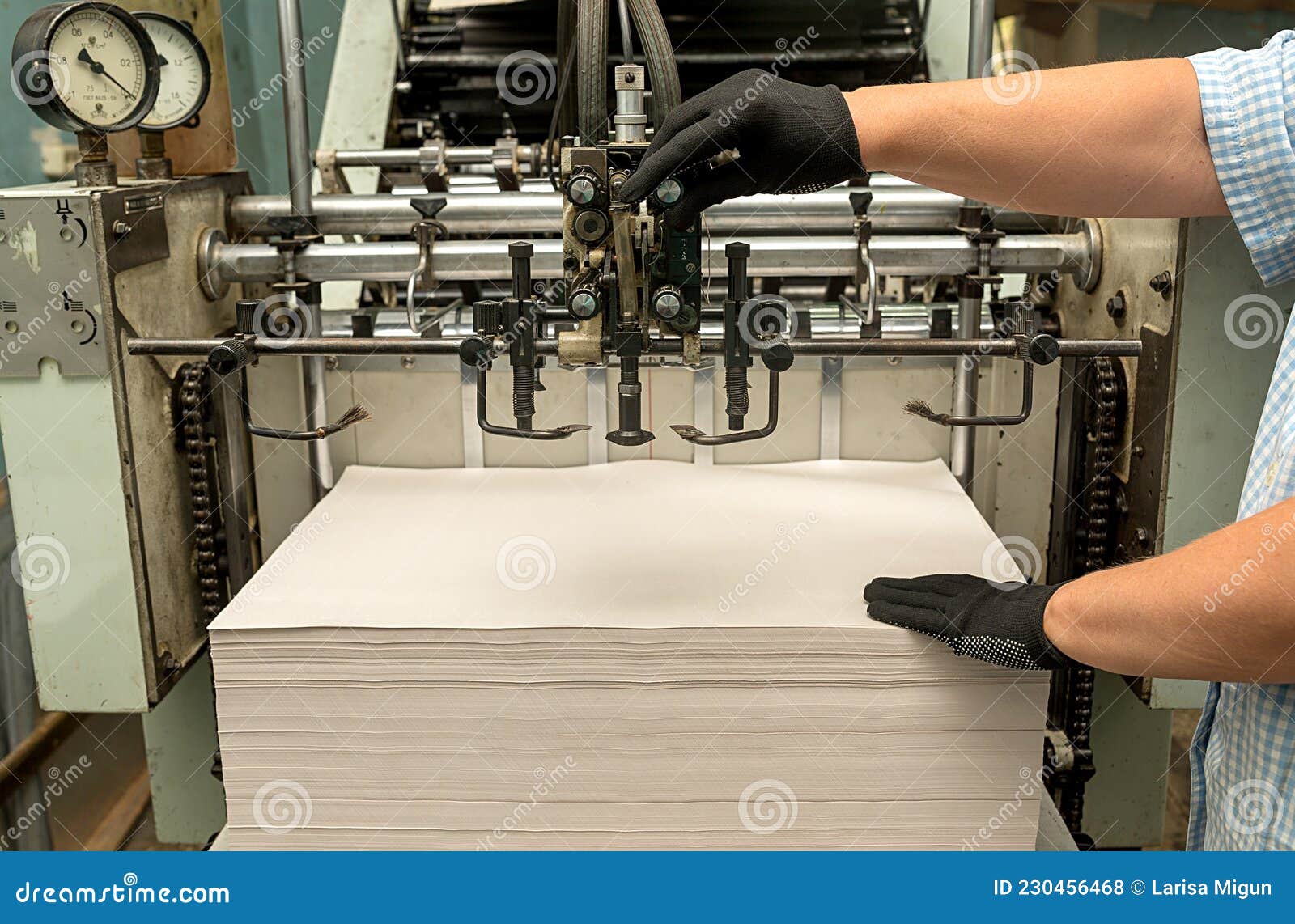 Old Large Format Printing Press. Woman& X27;s Hands are Holding Paper ...