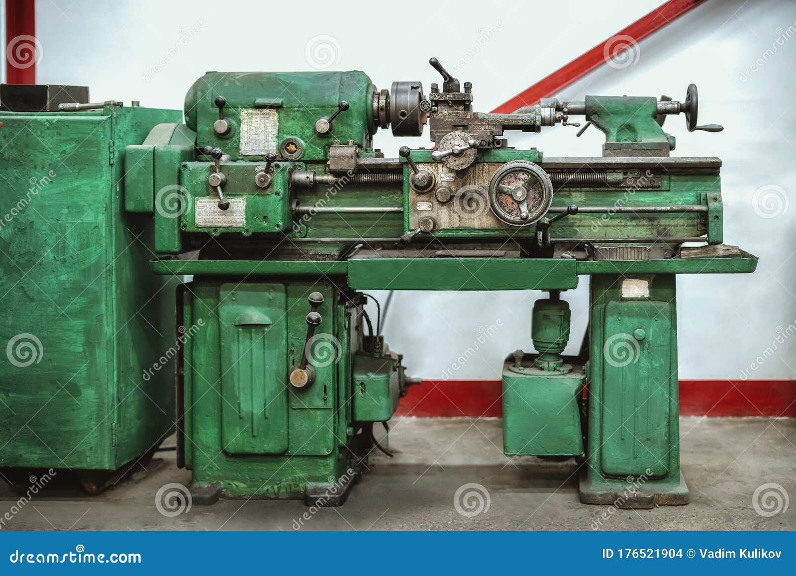 The Old Lathe is Painted Green. Small Metal Processing Shop Stock Photo ...