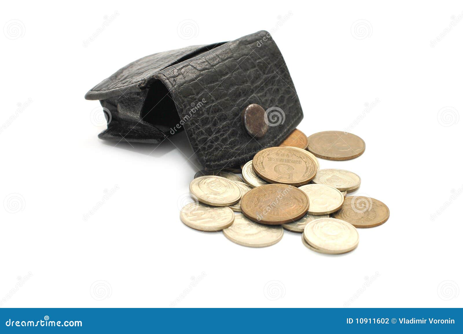 Old Leather Purse and Coins Isolated on White Stock Photo - Image of ...
